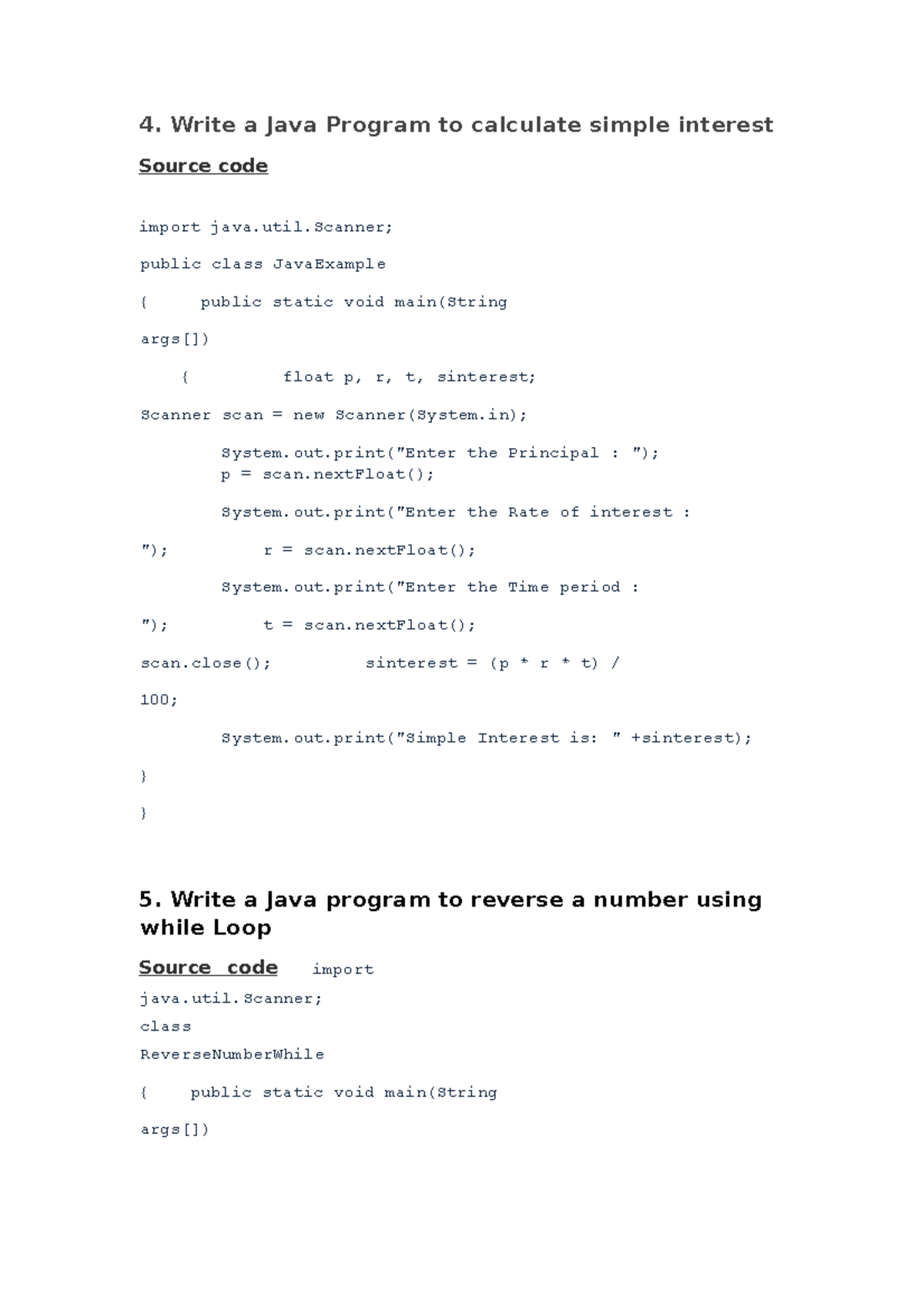 Java lab 4 and 5 - Java - 4. Write a Java Program to calculate simple interest Source code ...