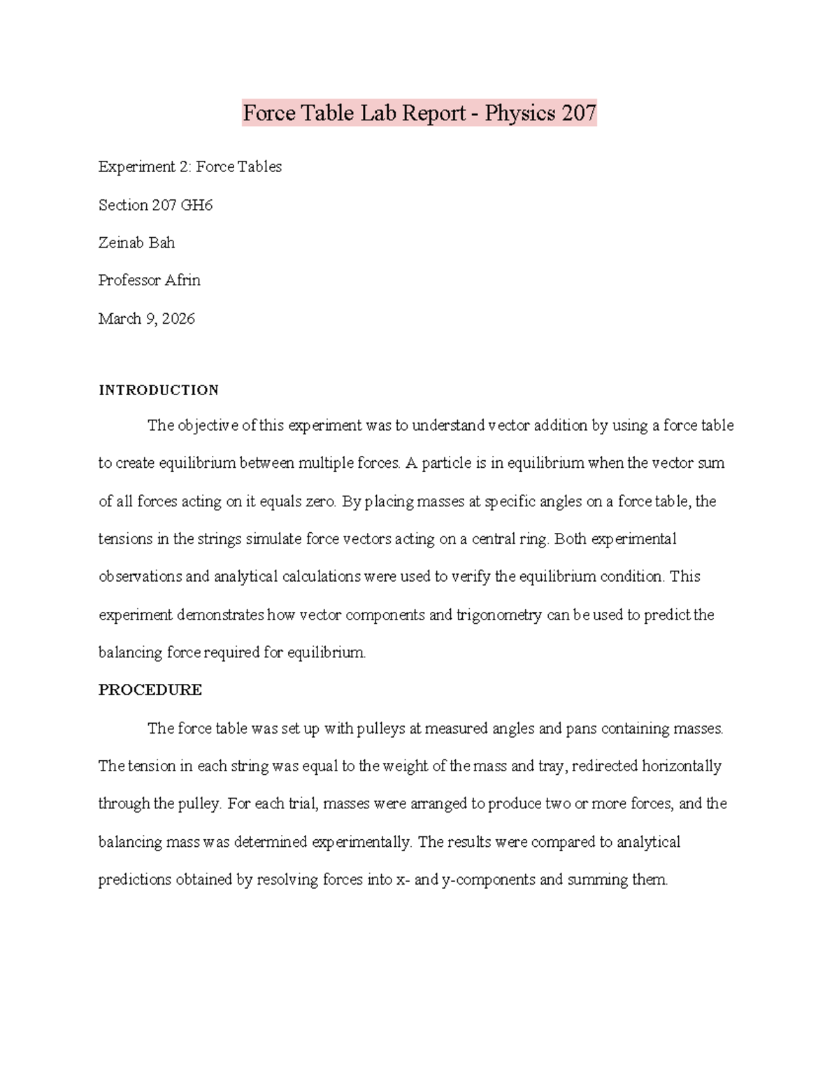 Physics 207 Lab Report: Experiment 2 - Force Table Equilibrium Analysis ...