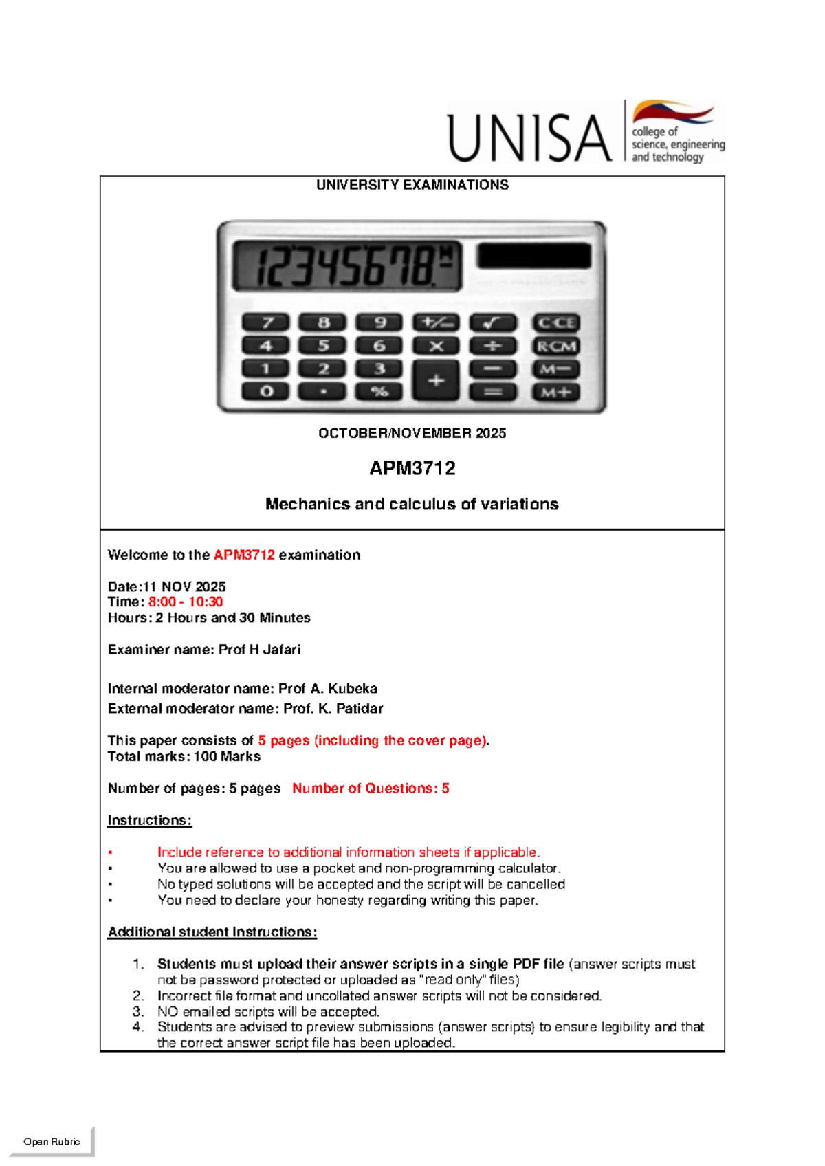 APM3712 2025 Take Home Exam: Mechanics & Calculus of Variations - Studocu