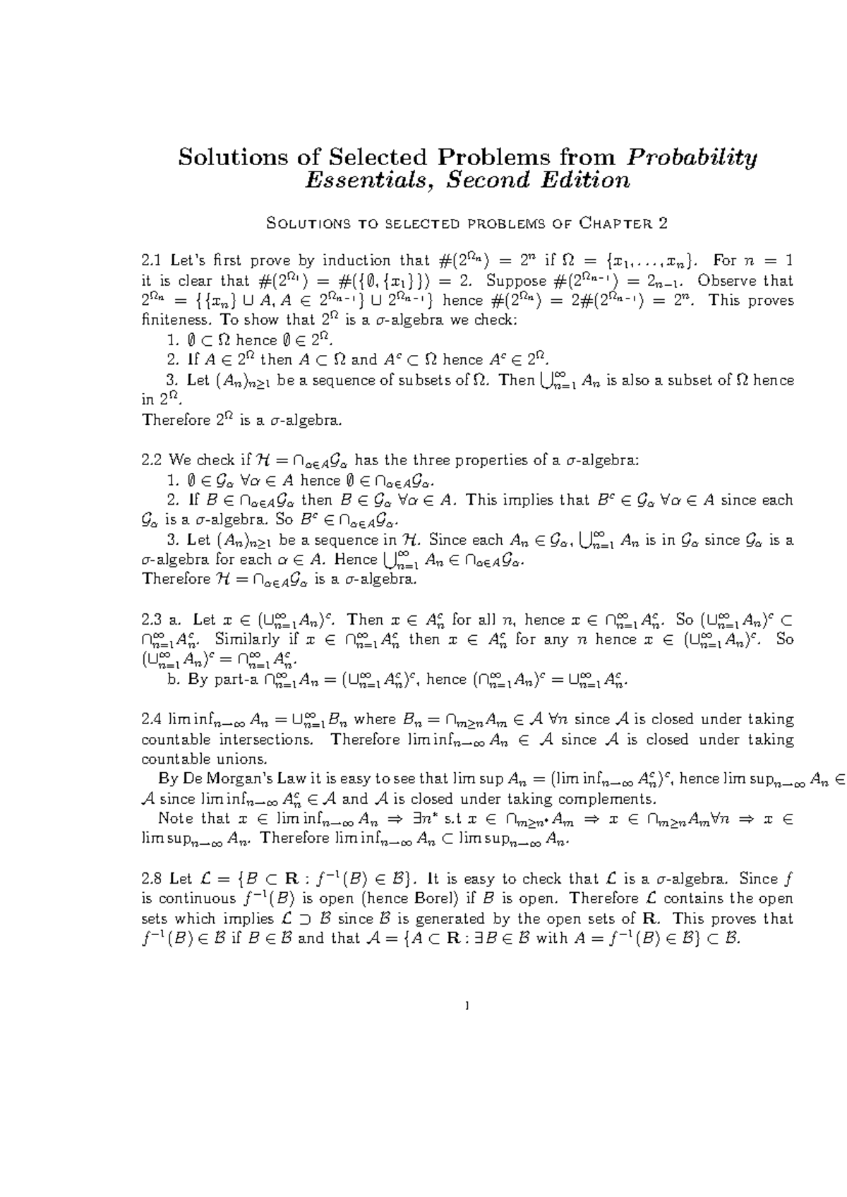Selected Solutions for Chapter 2 Problems in Probability Essentials ...