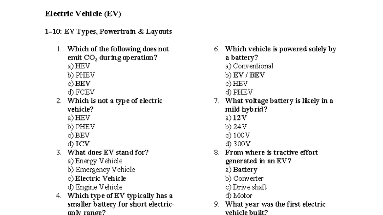 EV Types and Powertrain Layouts: Key Concepts and Quiz (UNIT-I) - Studocu