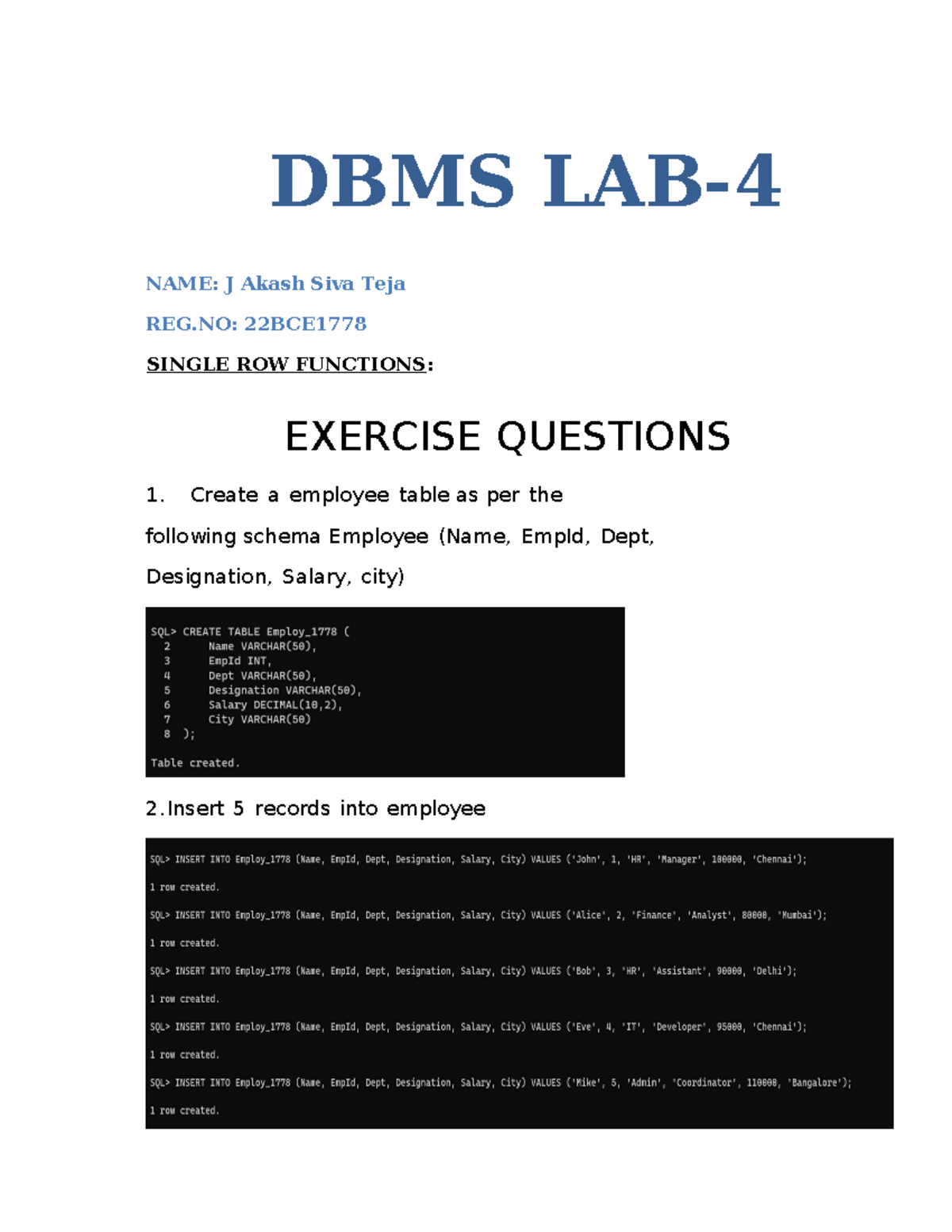 DBMS Lab-4: Practical SQL Exercises Using Oracle Database - Studocu