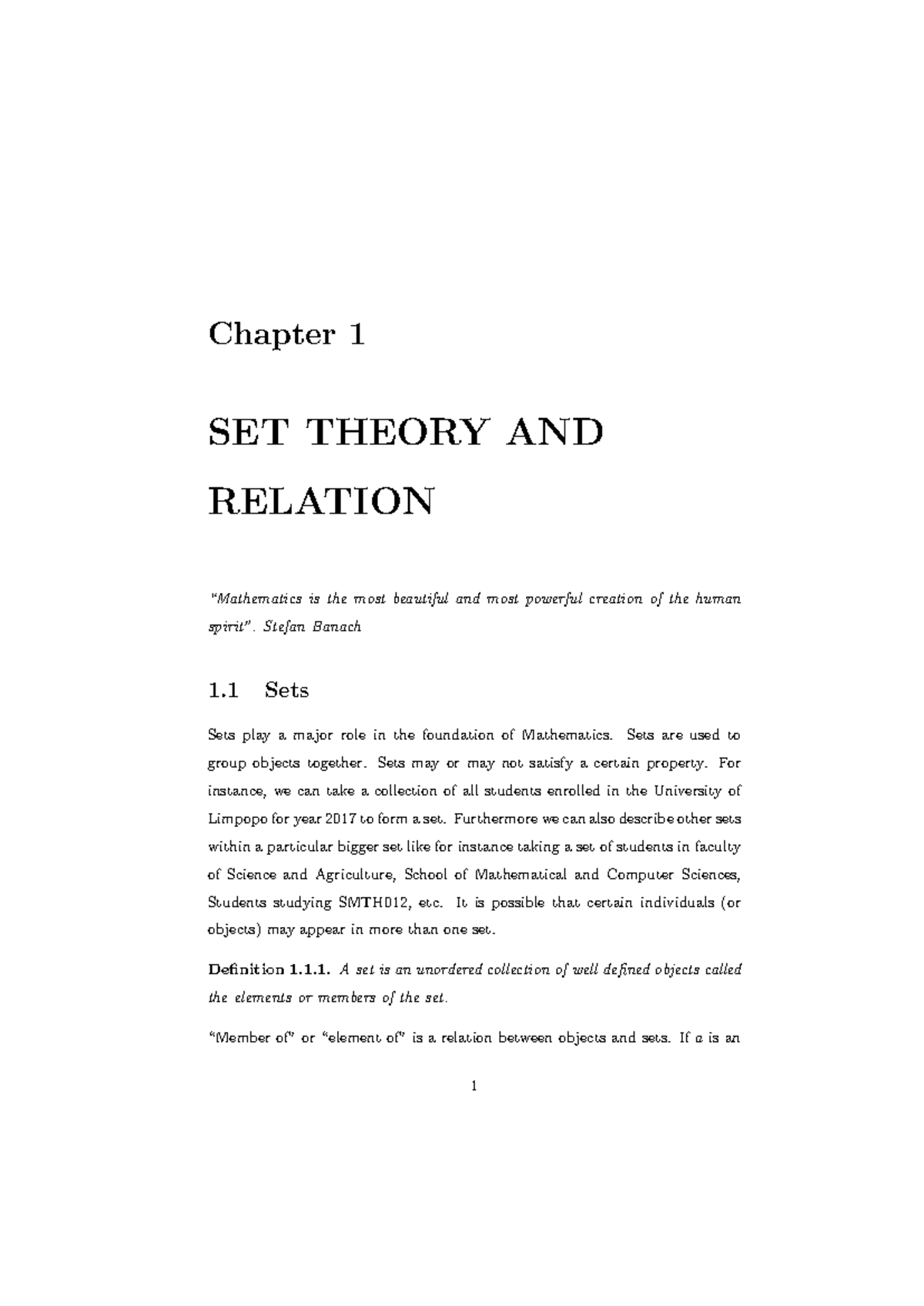 Set Theory and Relation SMTH012 - Chapter 1 SET THEORY AND RELATION ...