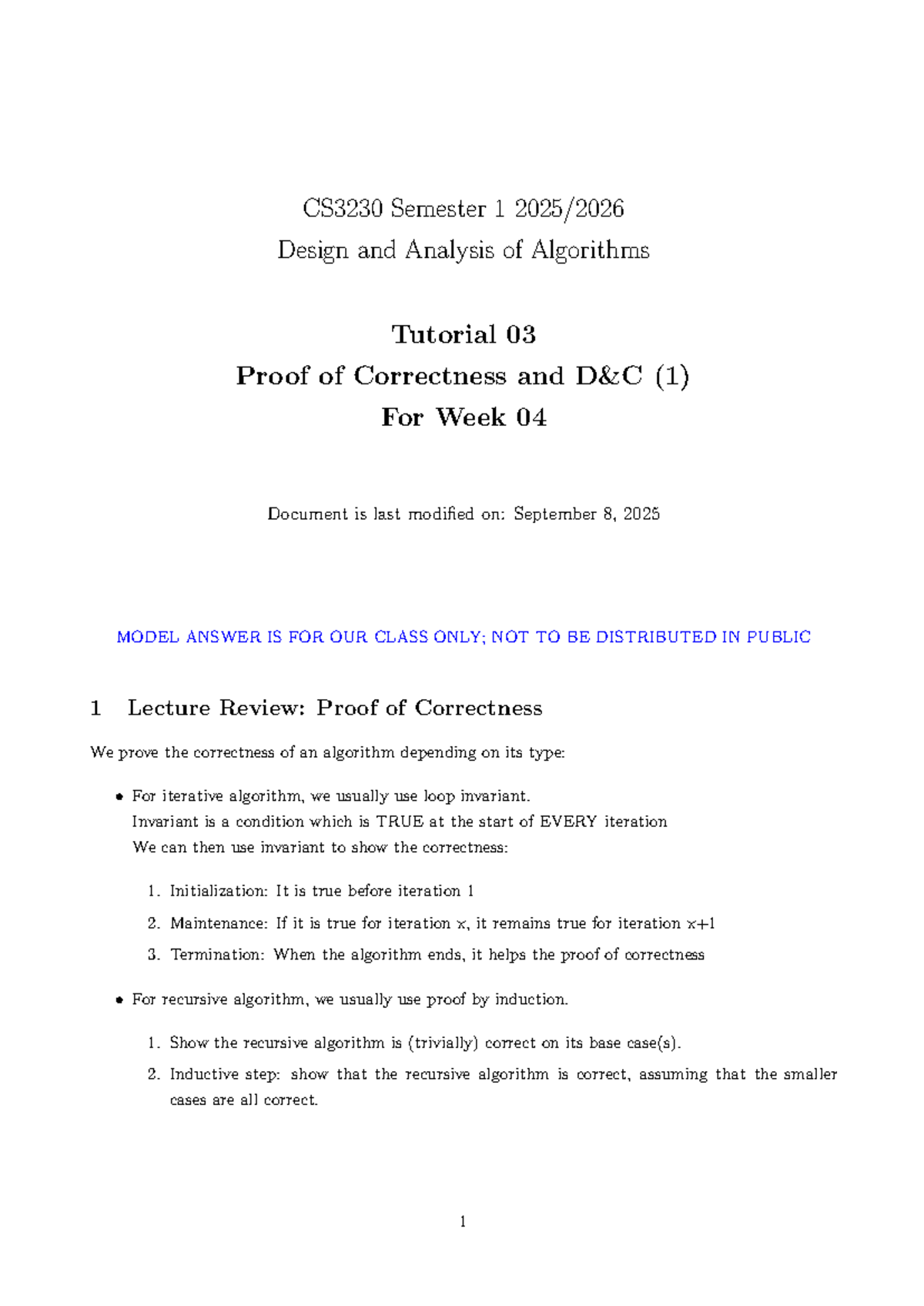 CS3230 Tutorial 03: Proof of Correctness in Algorithms - Studocu