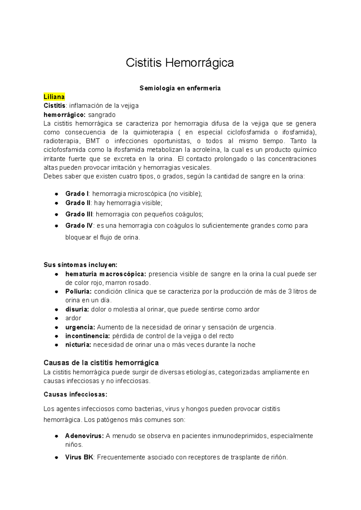 Cistitis Hemorrágica: Semiología y Manejo en Enfermería - Studocu