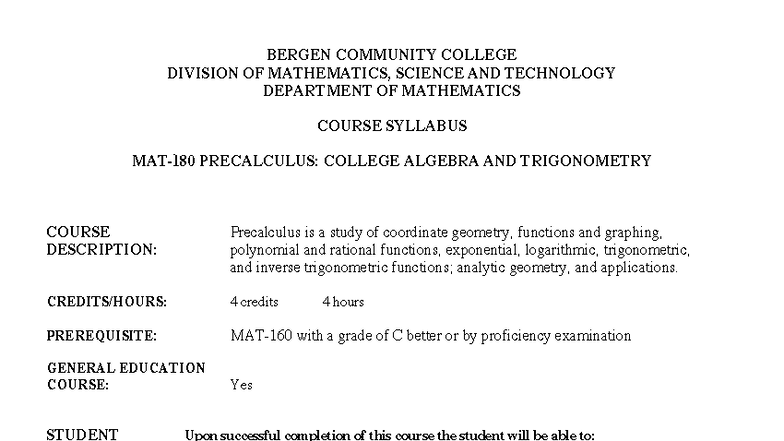 Math 180 Syllabus: Precalculus - College Algebra & Trig Overview - Studocu