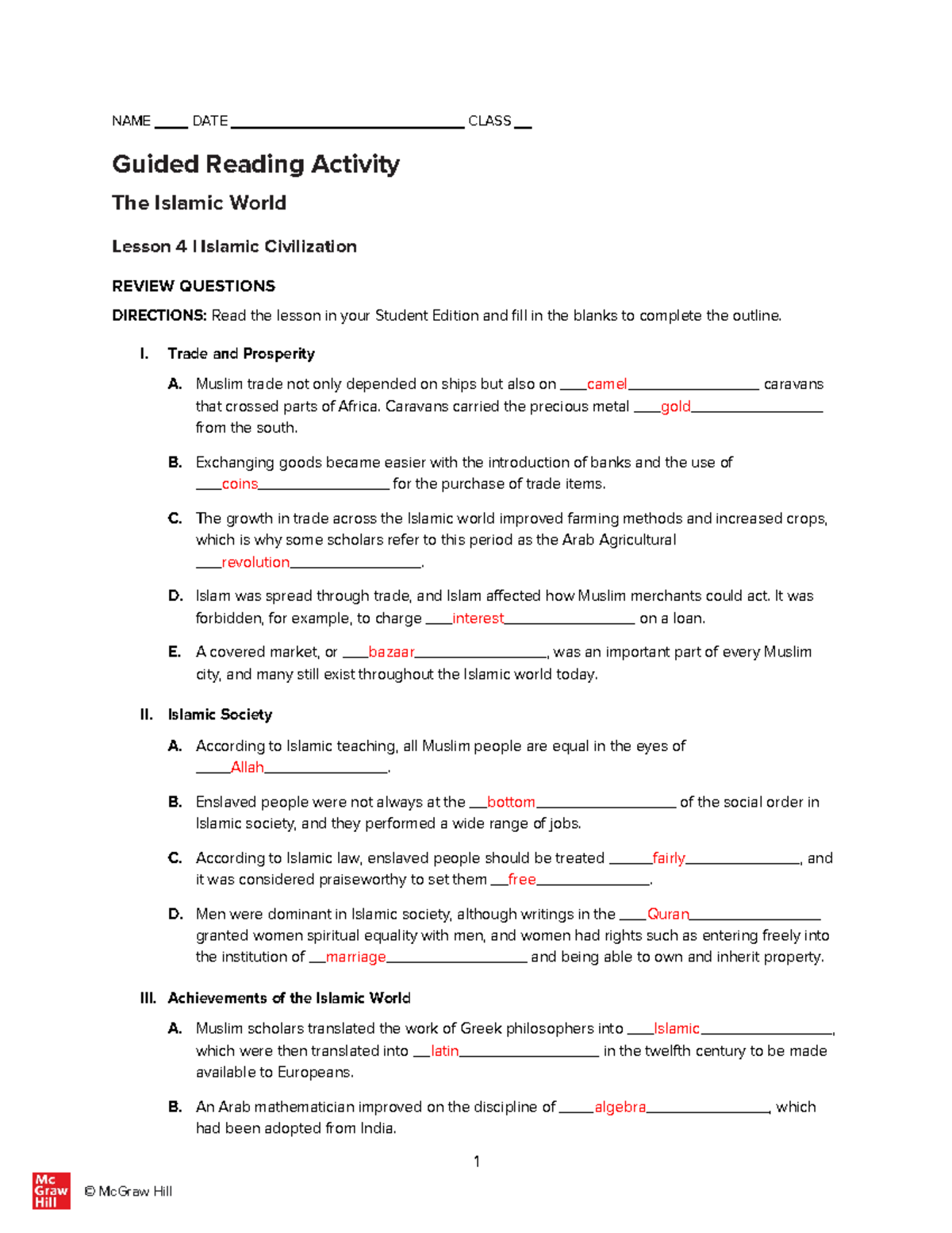 Islamic civilizations - © McGraw Hill NAME DATE CLASS Guided Reading ...