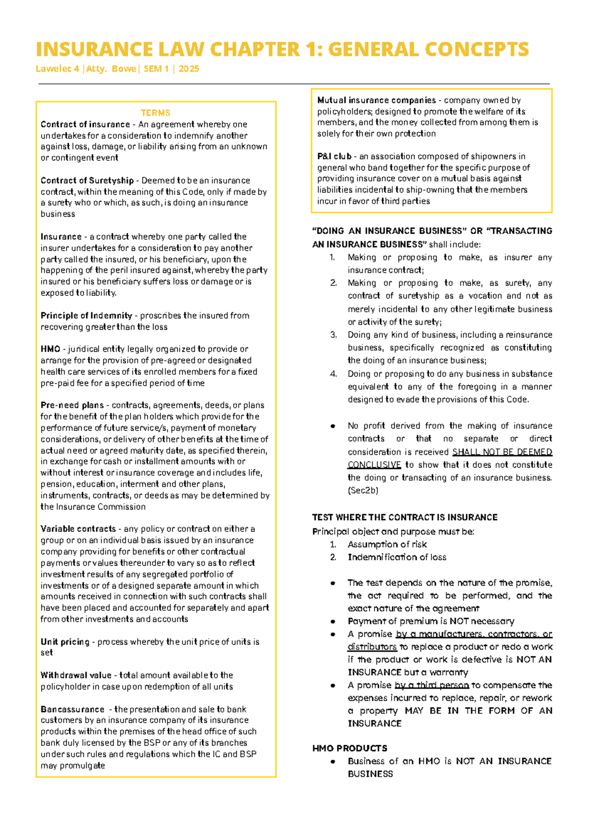 Insurance Law Chapter 1: General Concepts - Lawelec 4 SEM 1 2025 - Studocu