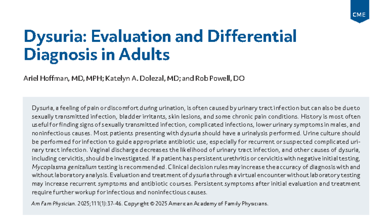 CME: Dysuria in Adults - Evaluation and Differential Diagnosis 2025 ...