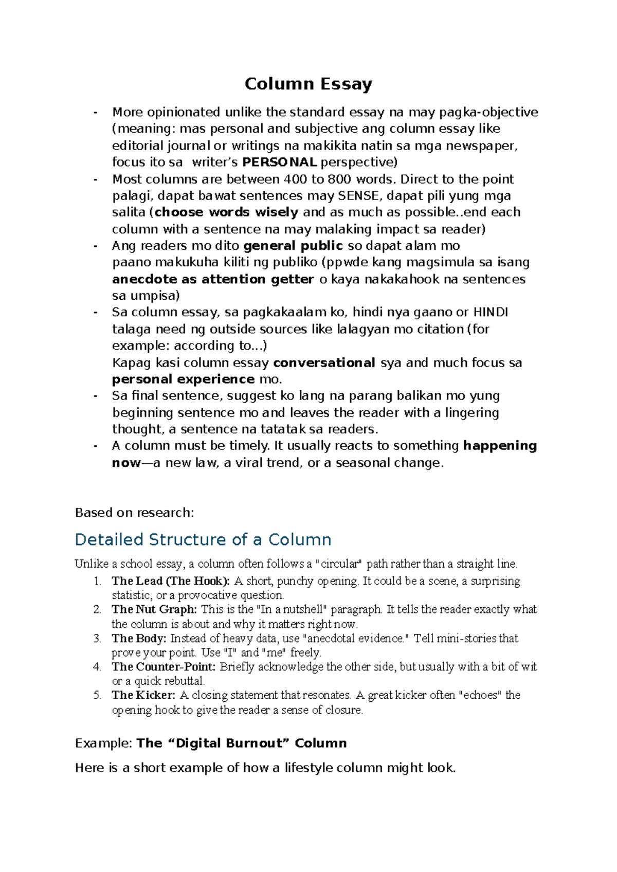 Column Essay: Crafting Personal Perspectives for Impact - Studocu