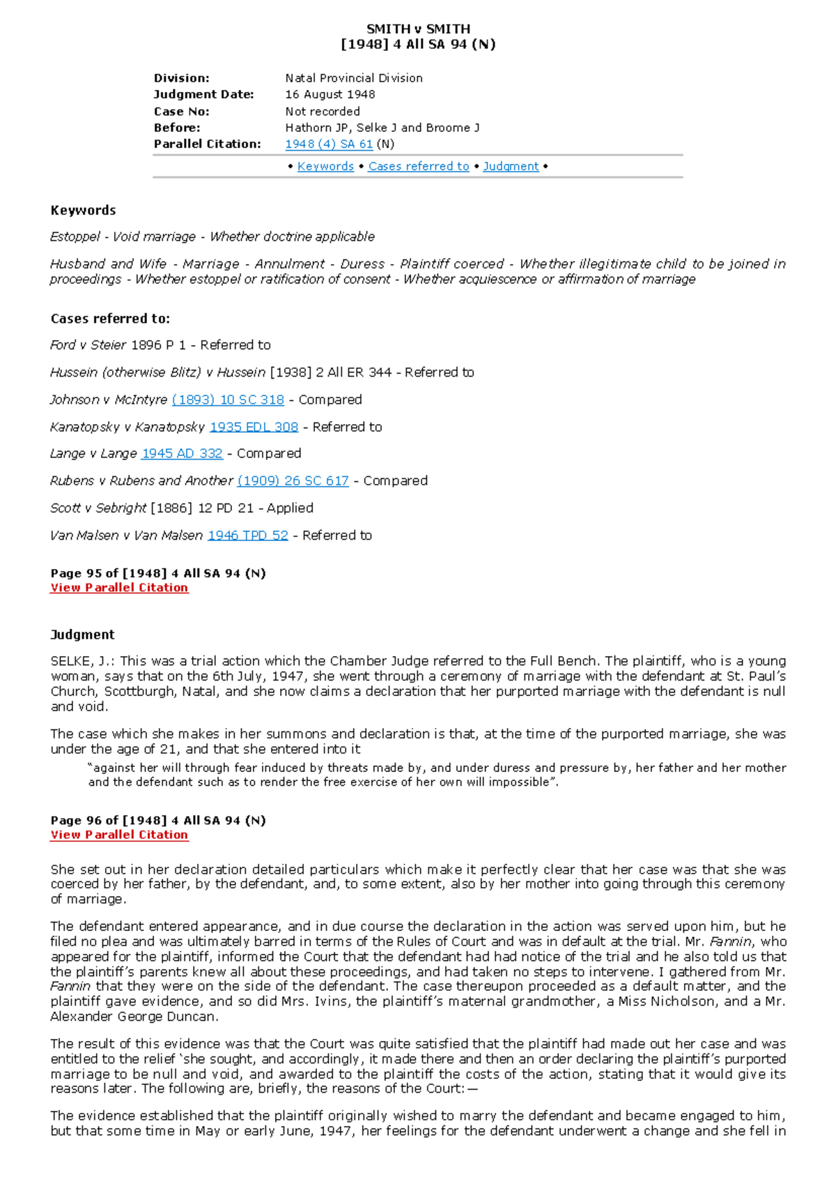 Smith v Smith: 1948 Judgment on Marriage Annulment and Coercion - Studocu