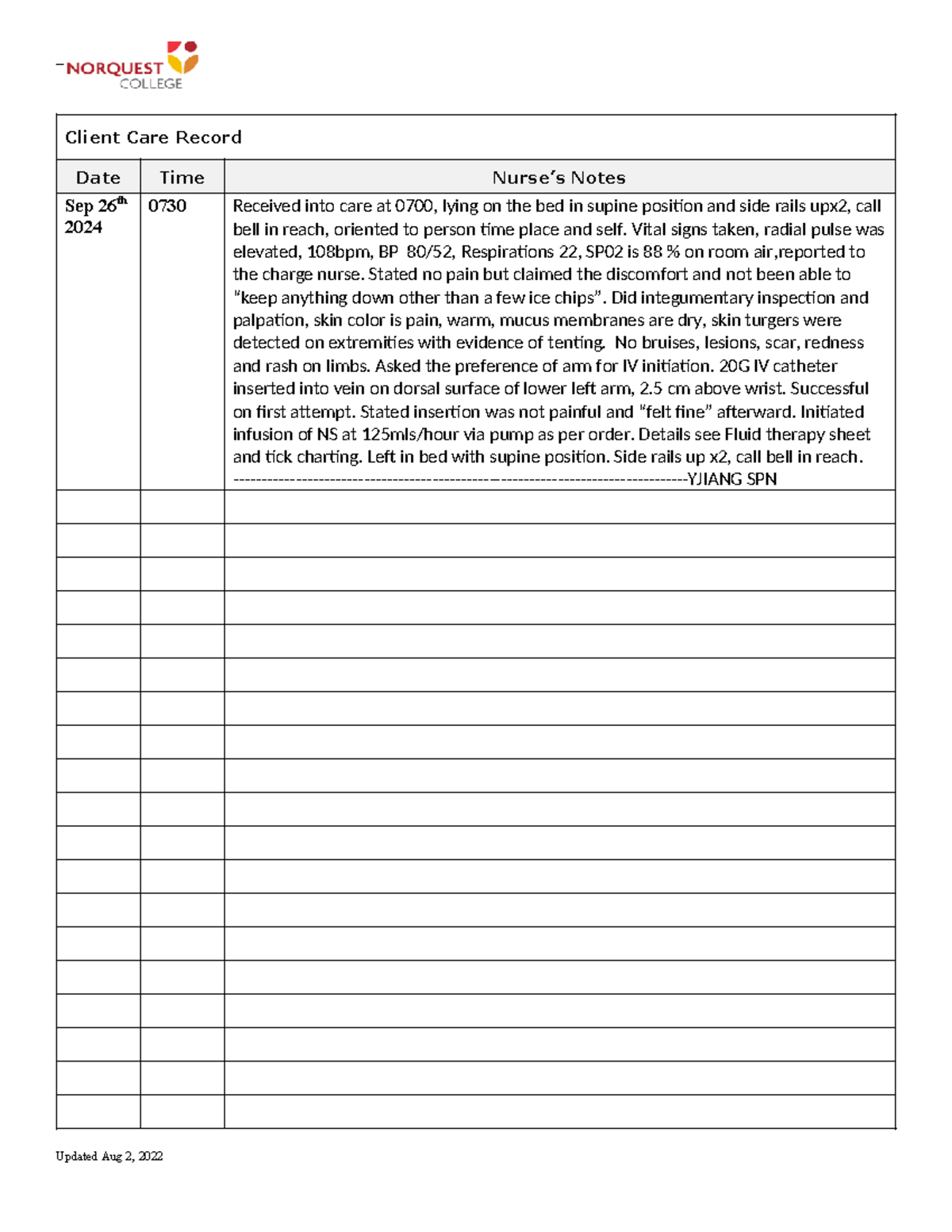 Nursing Care Record - Client Care Record Date Time Nurse’s Notes Sep ...