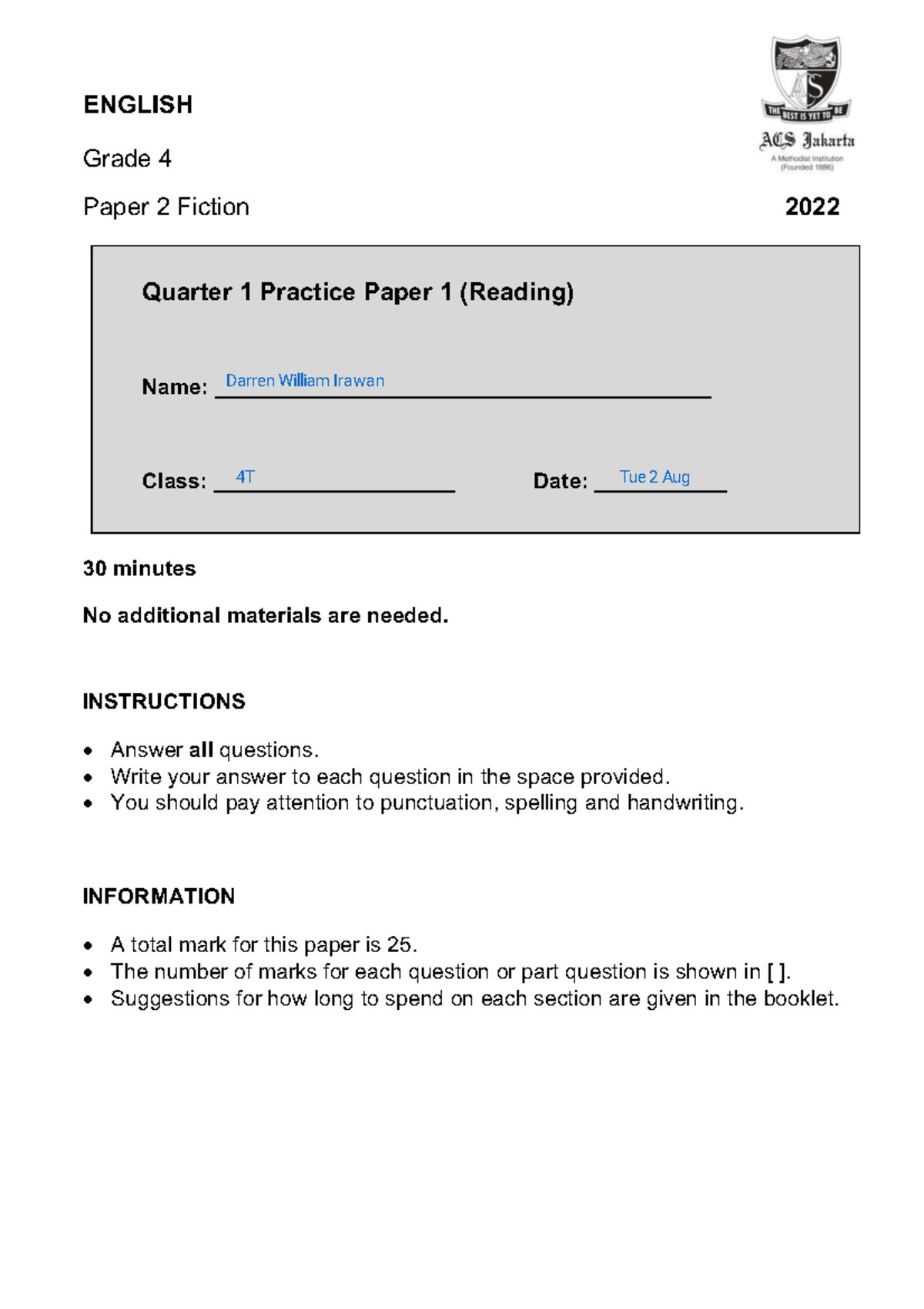ENGLISH Grade 4 Paper 2 Fiction Practice Paper 1 (2022) - Studocu