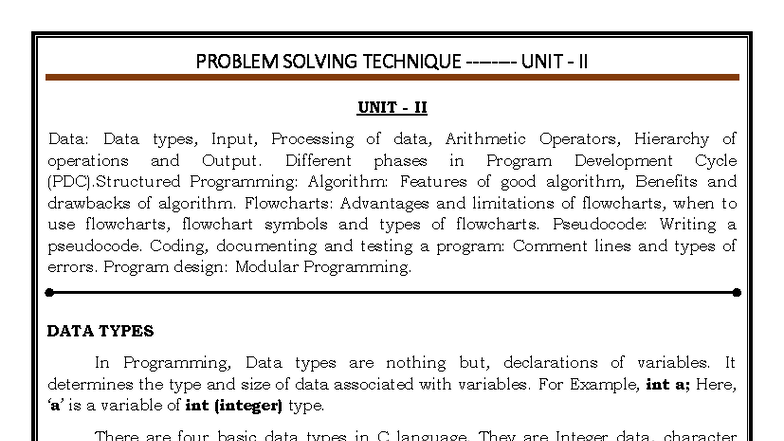 Problem Solving Technique - Unit II: Data Types, Algorithms & Flowcharts - Studocu
