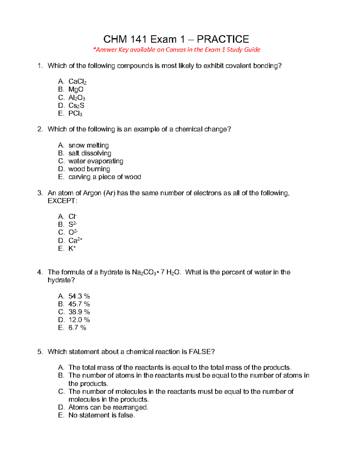 CHM 141 Exam 1 - Practice Questions & Answer Key - Studocu