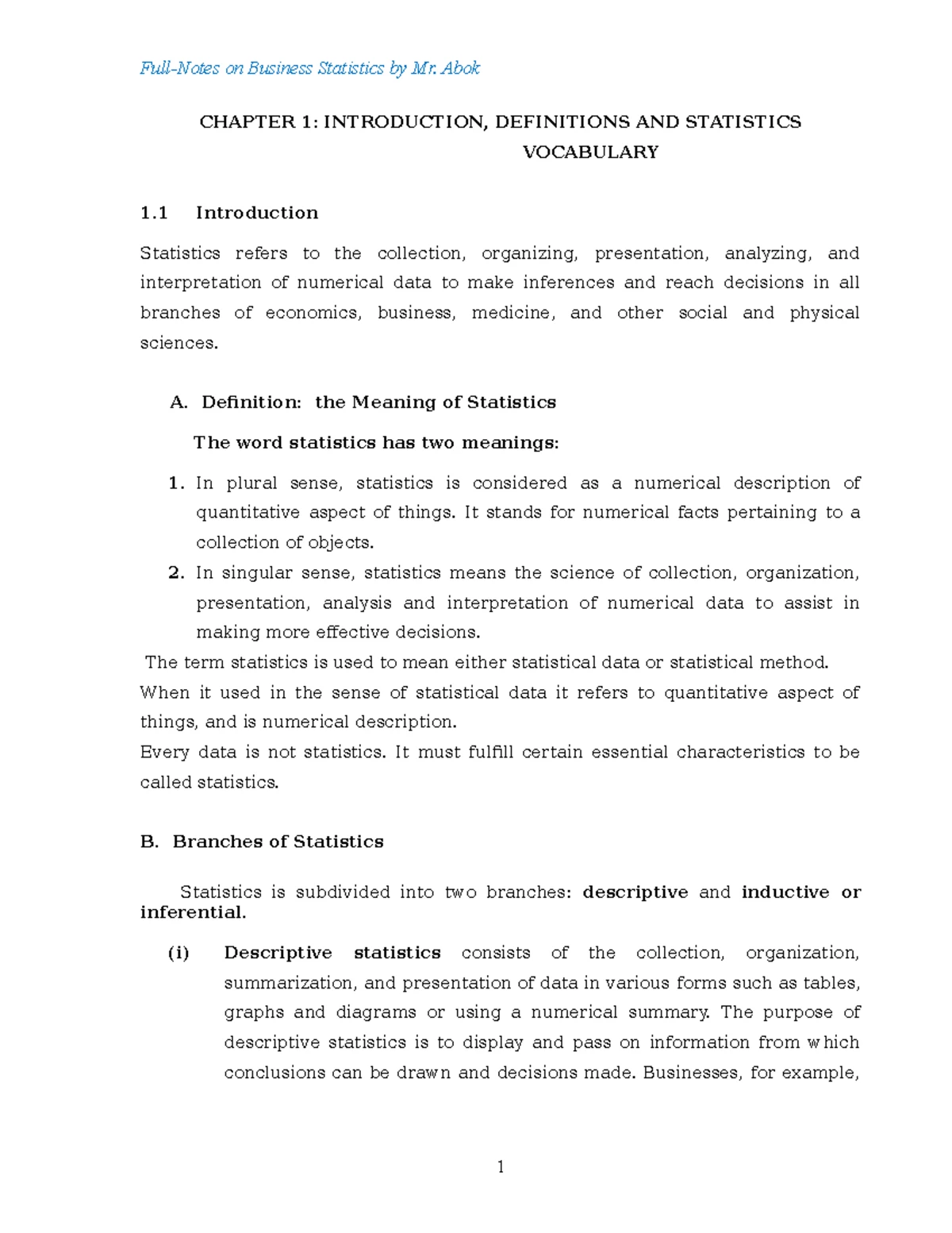 Business statistics Full Unit notes - CHAPTER 1: INTRODUCTION ...