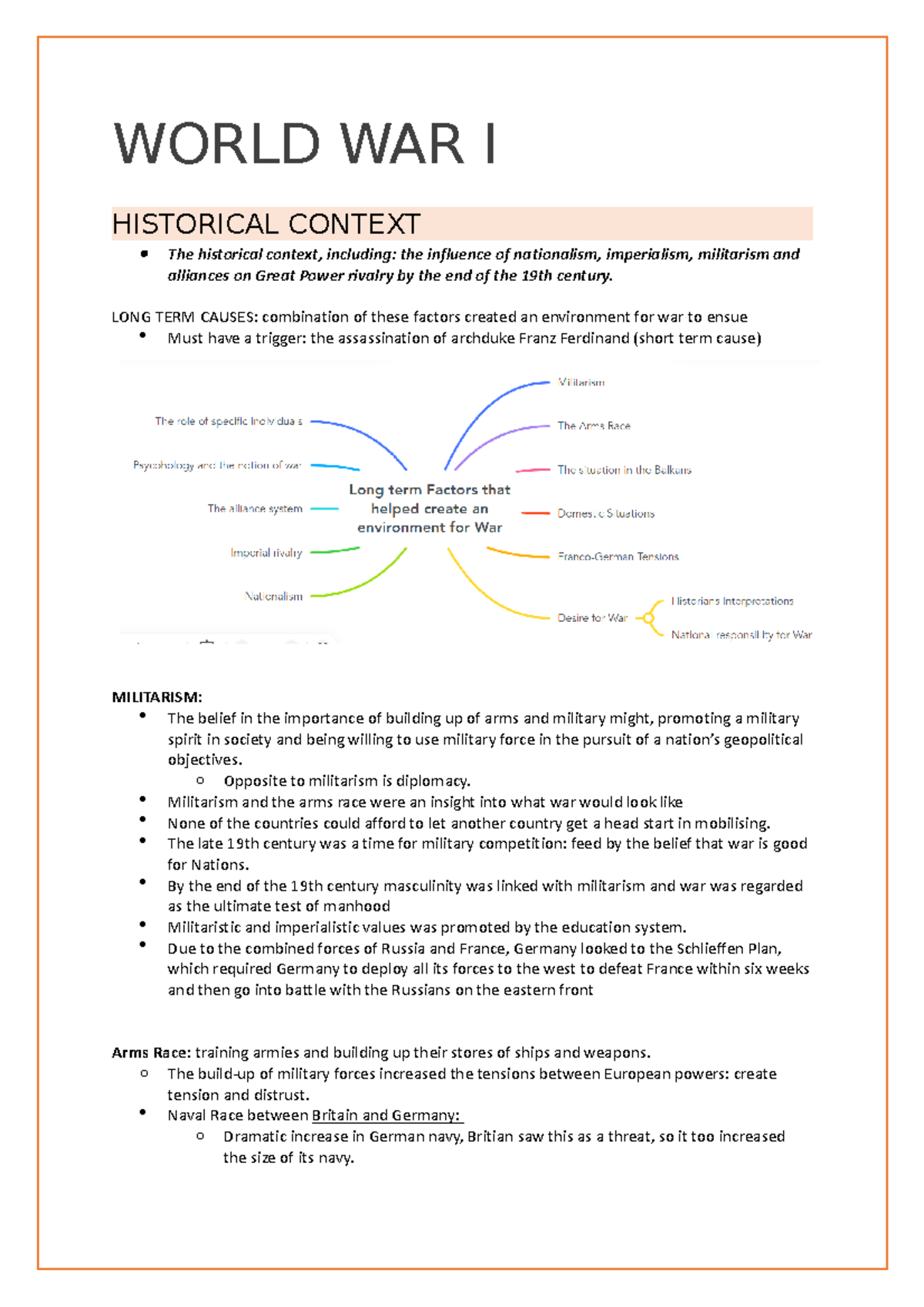 World War I - WW1 exam notes - WORLD WAR I HISTORICAL CONTEXT The ...