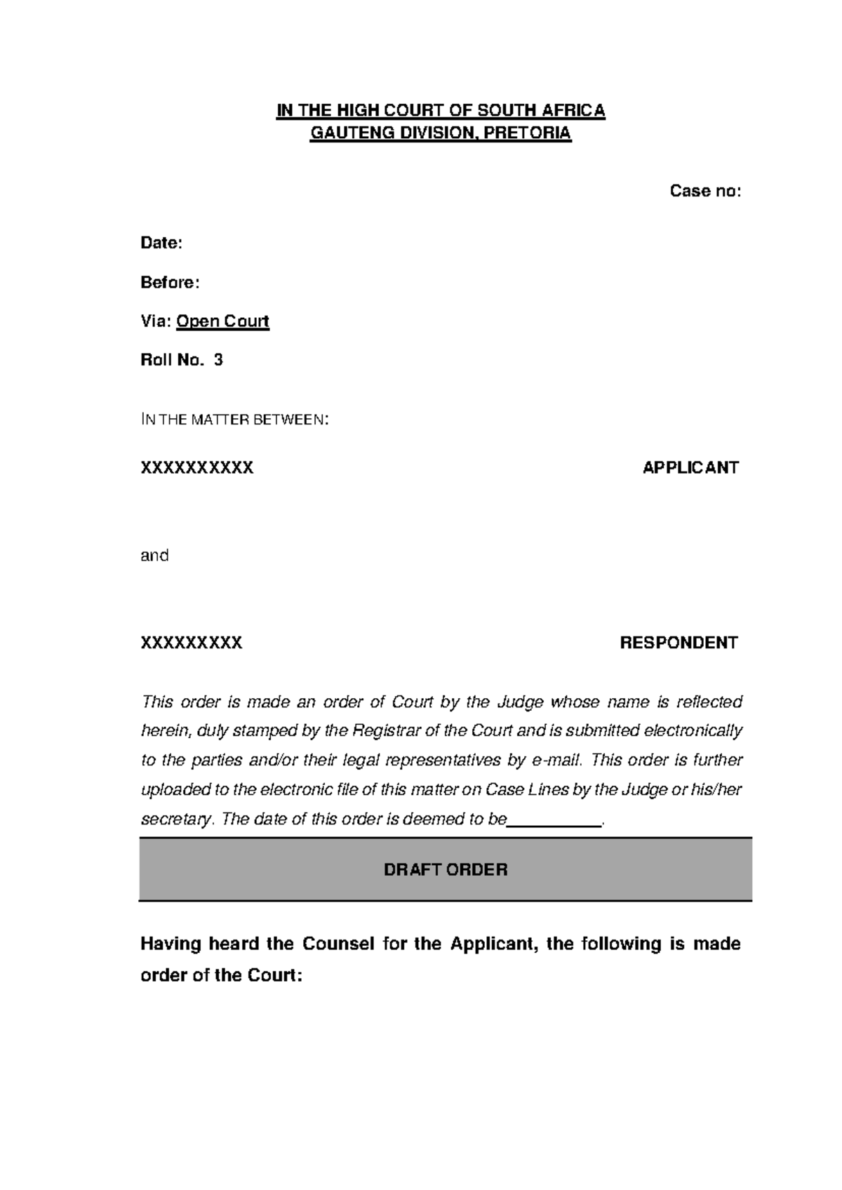 Draft Order - APP. to Compel in High Court Case No. [Insert Case No ...