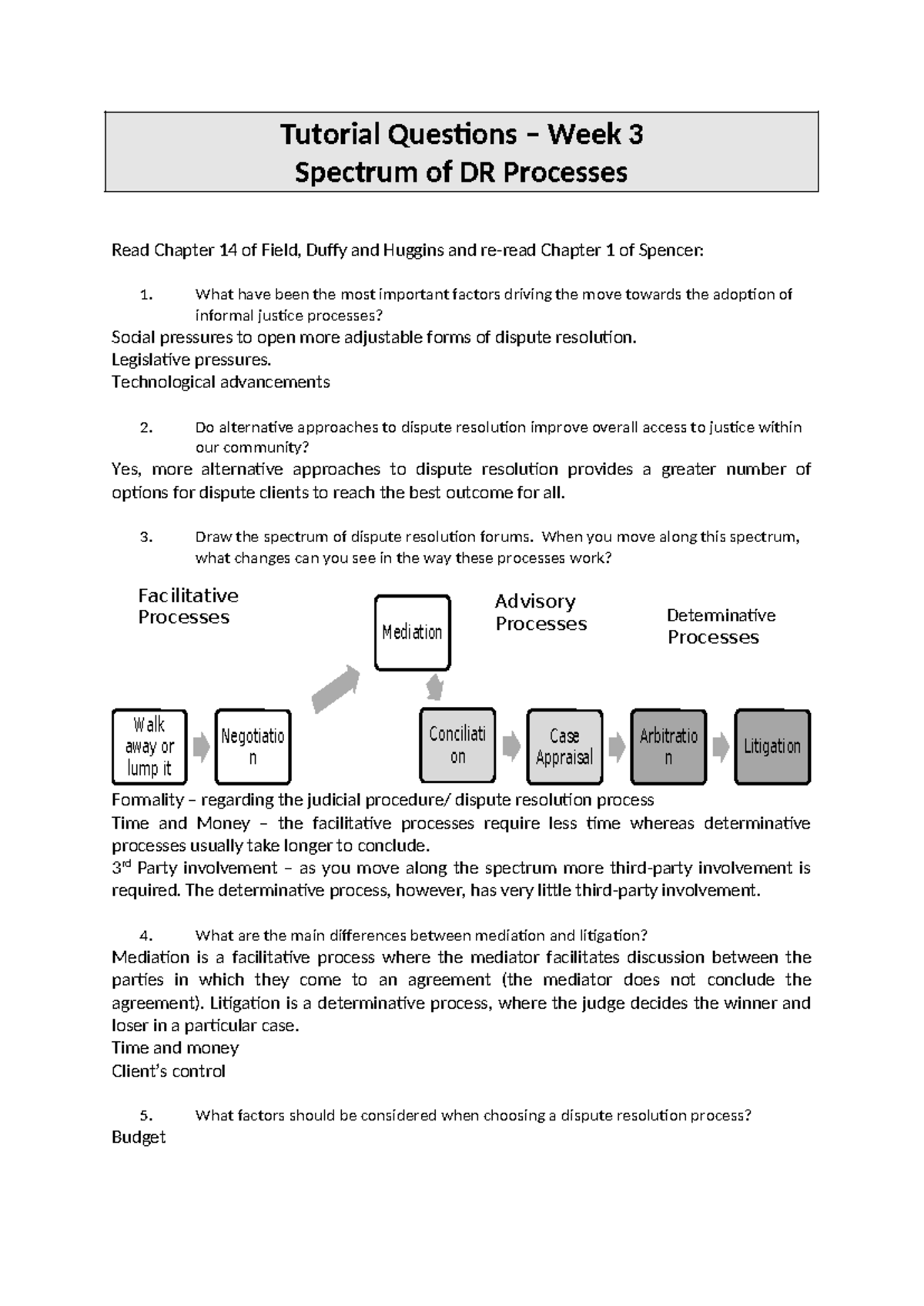 LLB103 Week 3 Tutorial Questions on DR Processes and Chapter Insights ...