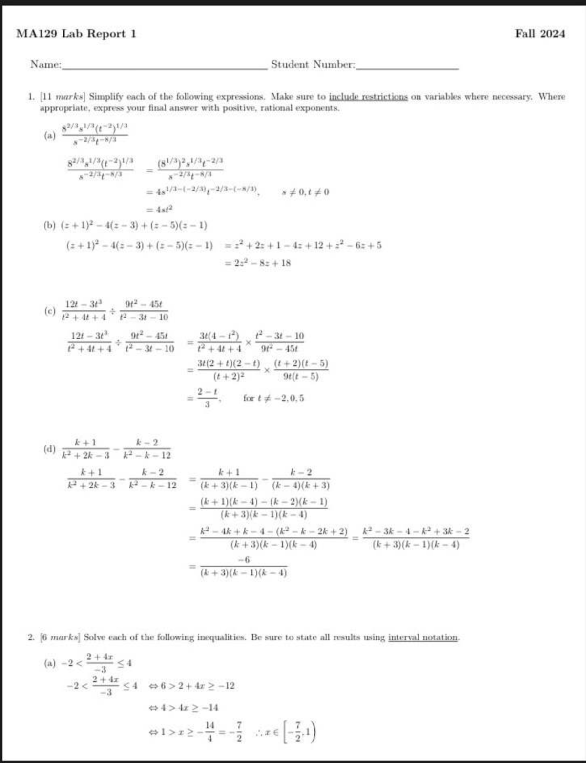 MA129 Lab Report 1: Simplifying Expressions & Solving Inequalities ...