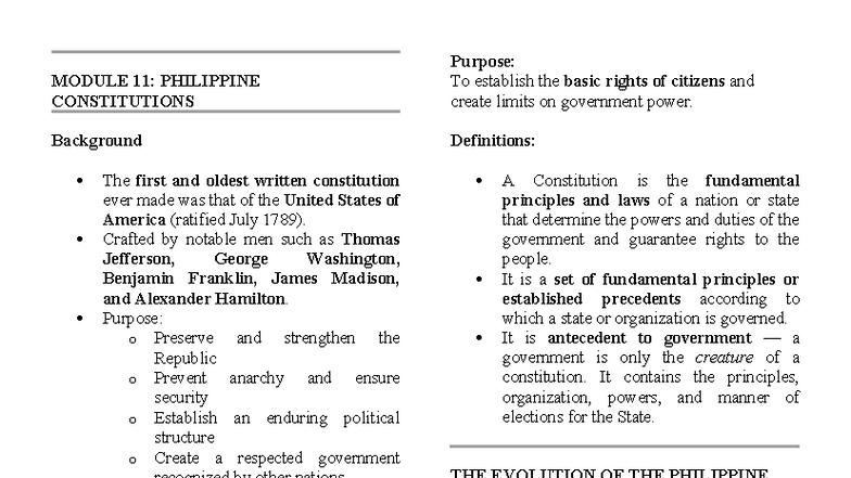 MODULE 11: PHILIPPINE CONSTITUTIONS - Overview and Evolution - Studocu
