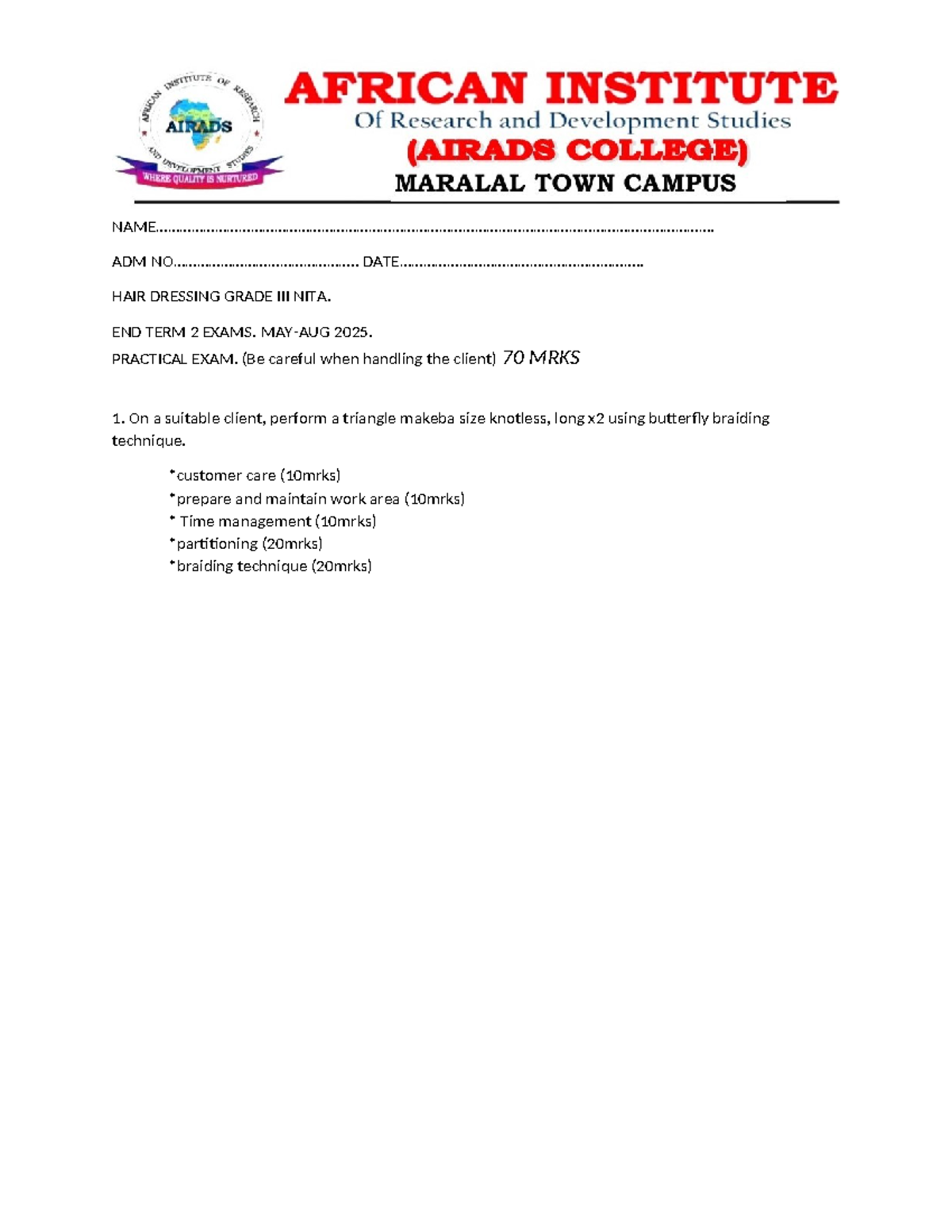 ADM HAIR DRESSING GRADE NITA. END TERM 2 PRACTICAL EXAM 2025 - Studocu