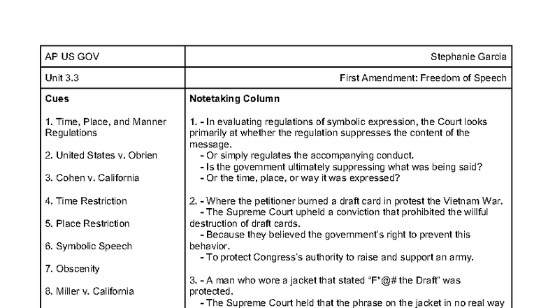 AP US GOV Unit 3.3: First Amendment & Freedom of Speech Notes - Studocu