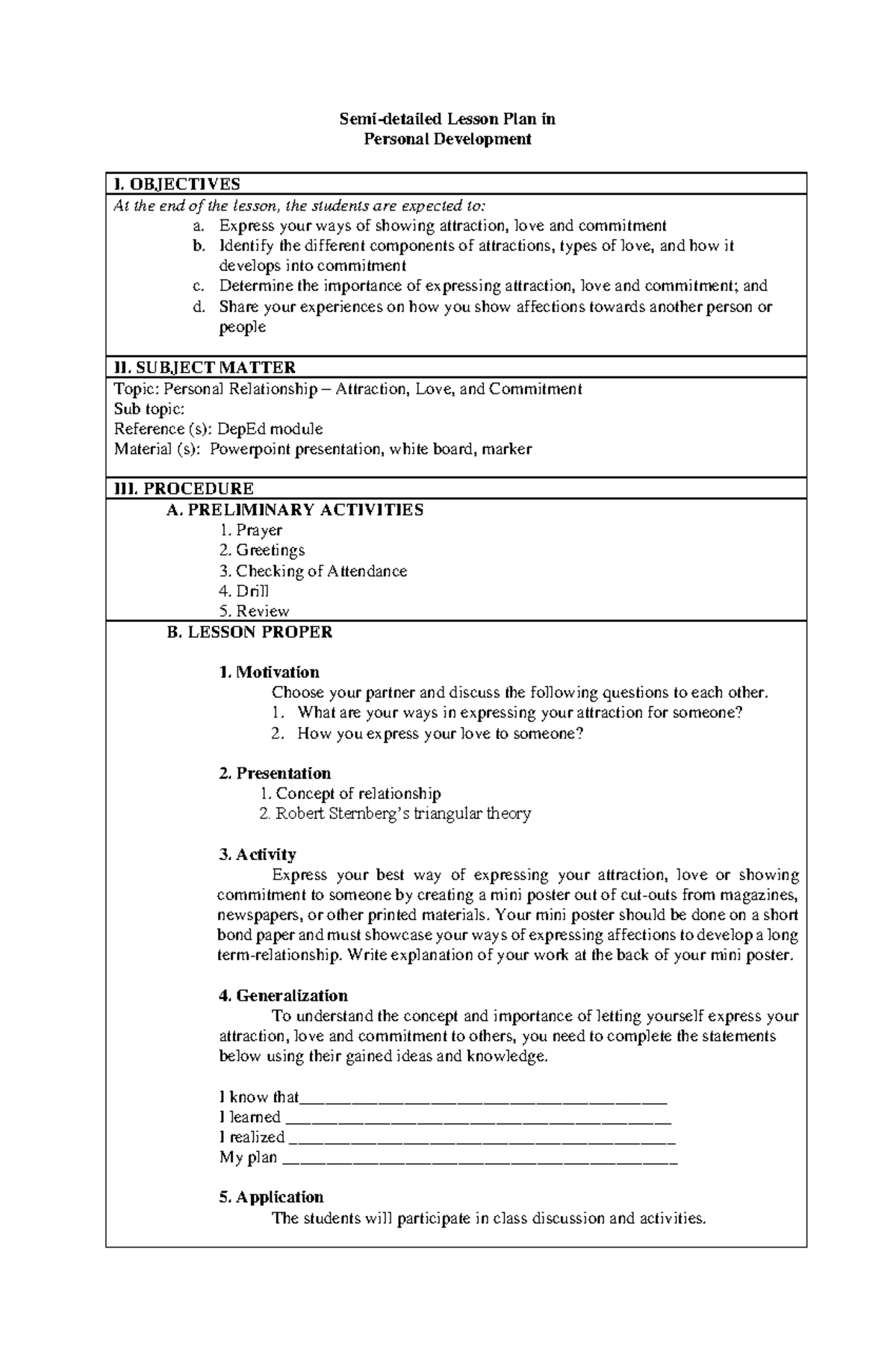 Personal development - Lesson plan - Semi-detailed Lesson Plan in ...