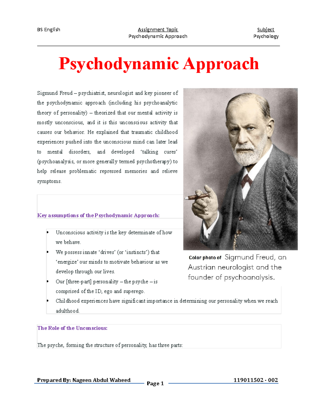 Psychodynamic Approach: Key Concepts and Theories (PSY 119011502) - Studocu