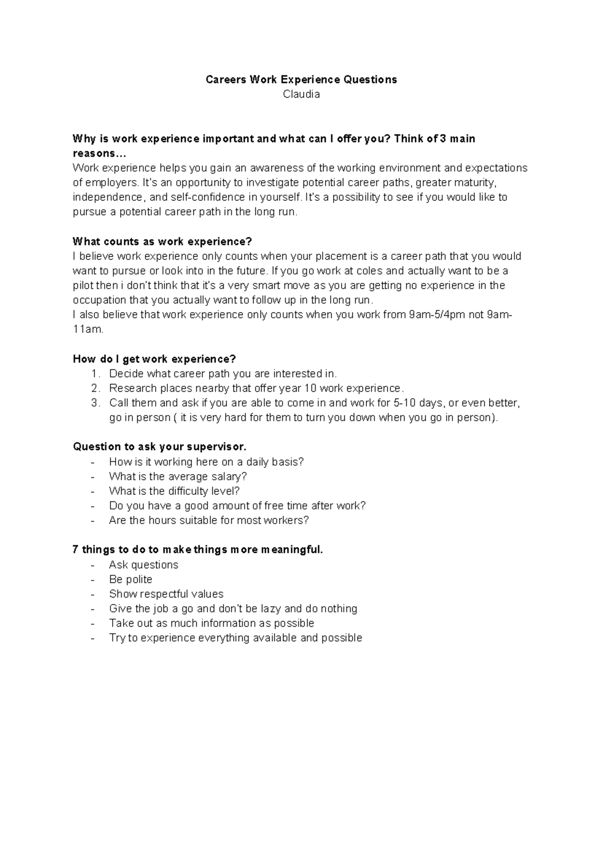 Careers Work Experience Insights: Importance & Tips - Studocu