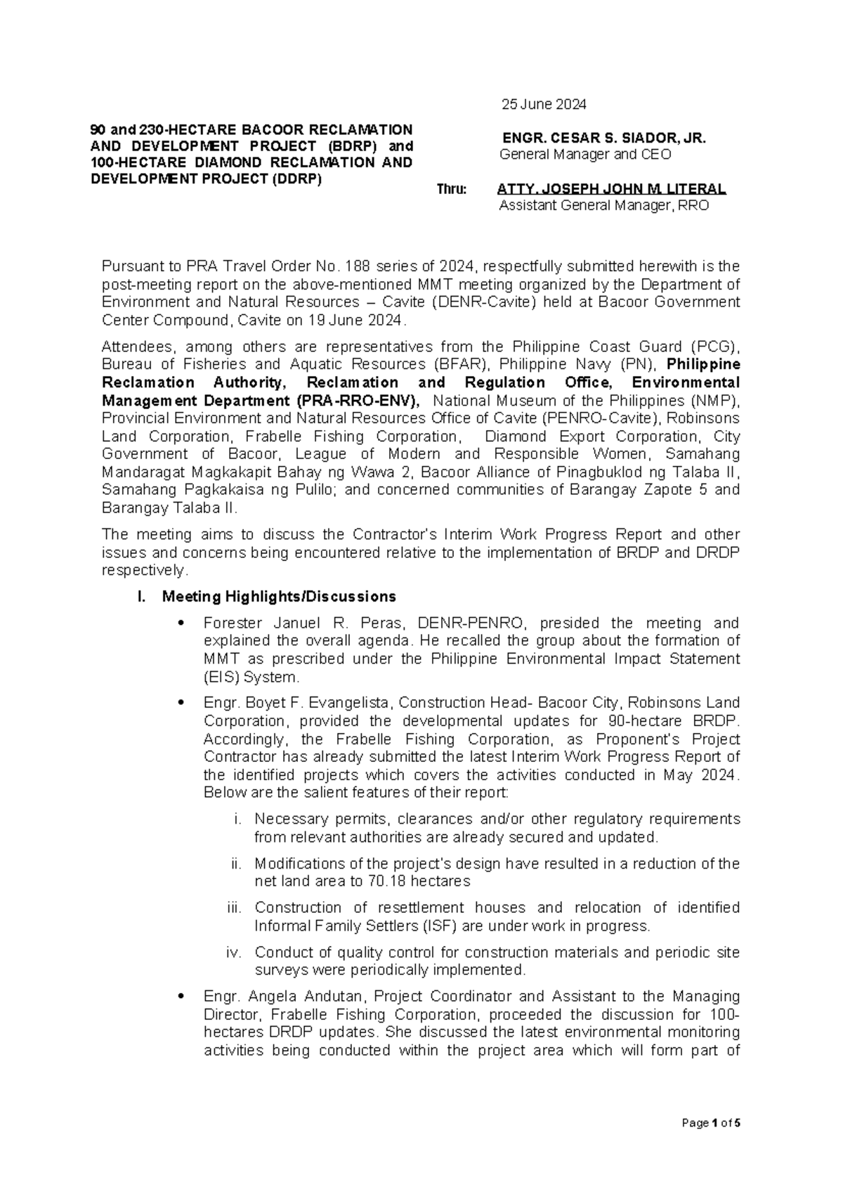 Post-Meeting Attendance Report: Bacoor Reclamation Projects 90-230-HEC ...