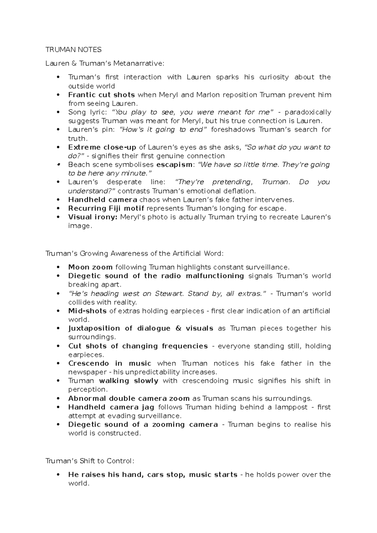 TRUMAN NOTES: Analyzing Truman's Journey to Self-Discovery - Studocu