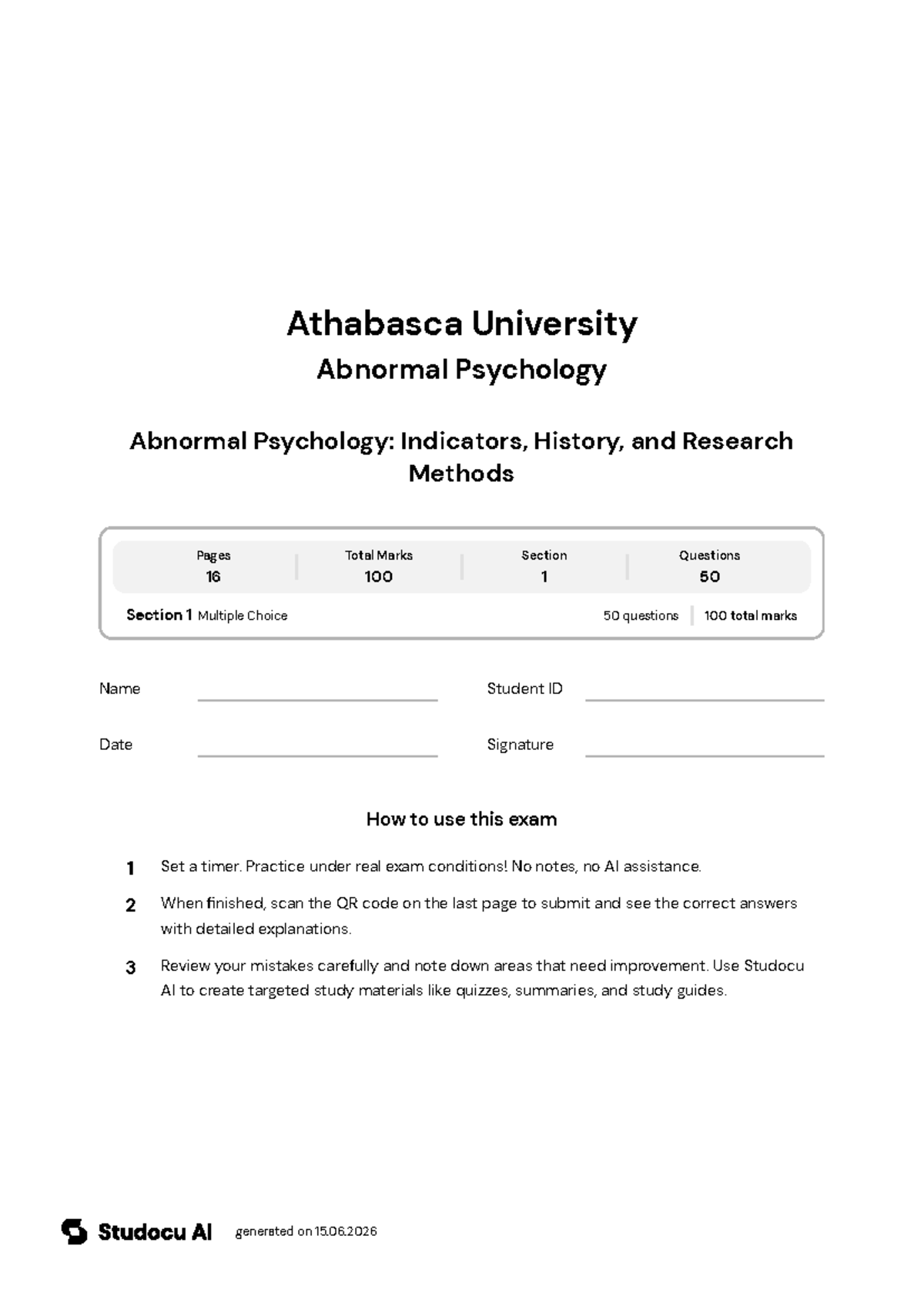 Abnormal Psychology Final Exam: MCQ Format - Studocu