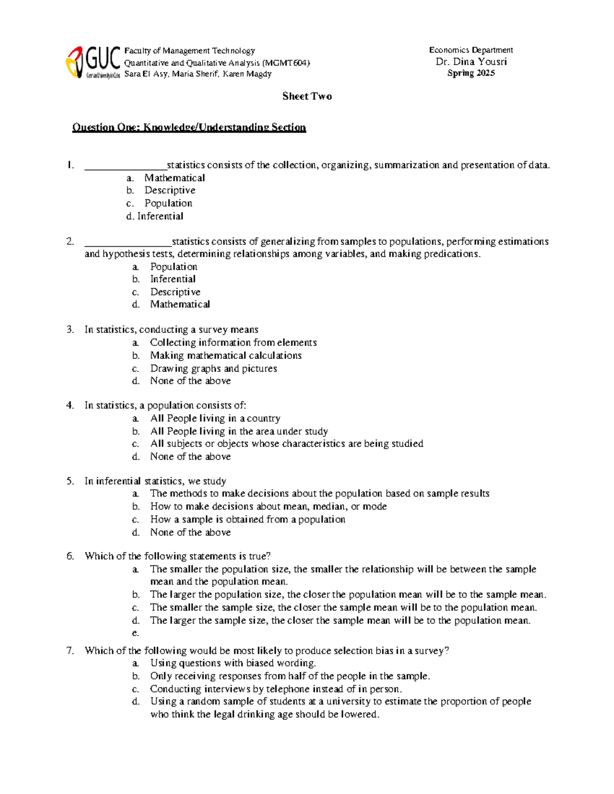 Sheet Two - sdsds - Faculty of Management Technology Quantitative and ...