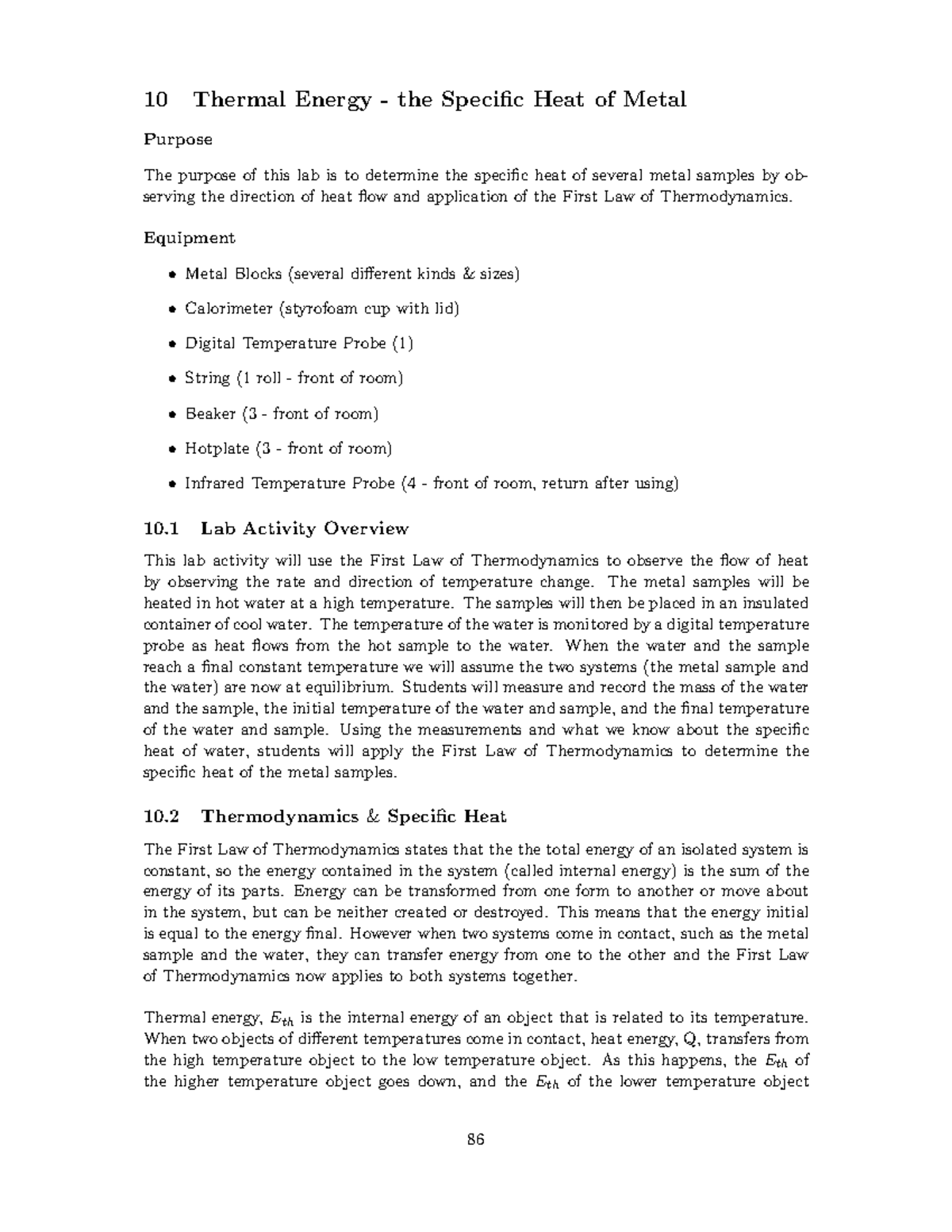 Lab 10: Determining Specific Heat of Metals - Thermal Energy CPI F23 ...
