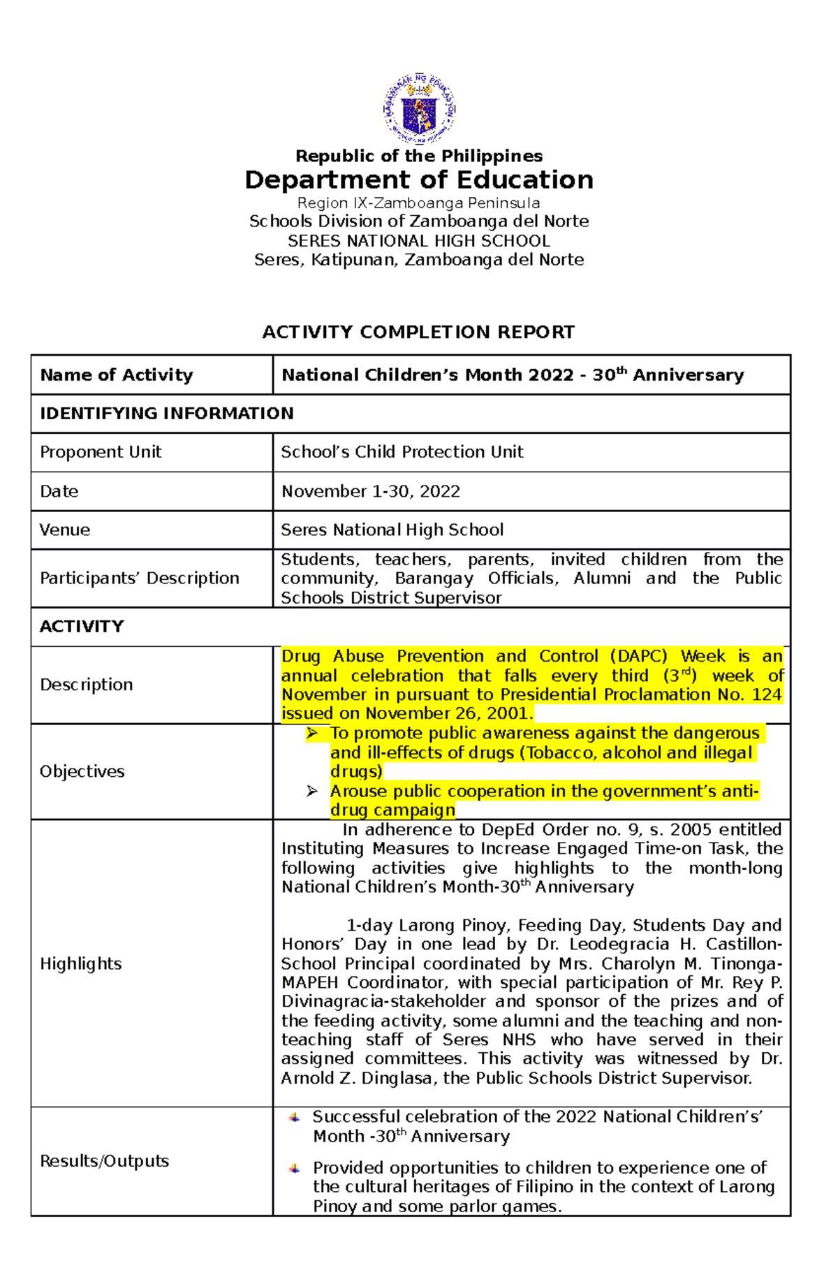 National Children's Month 2022 Activity Completion Report - Studocu