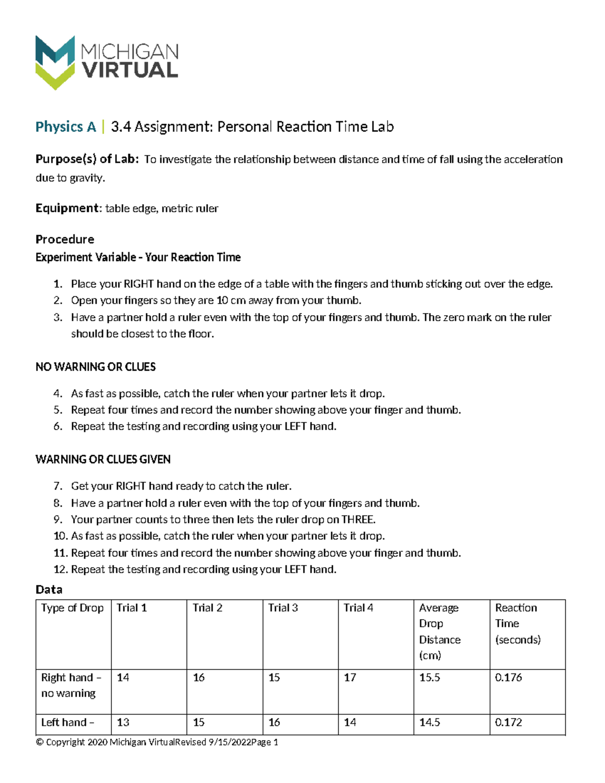 3.4 Personal Reaction Time Lab Revised - Physics A | 3 Assignment ...