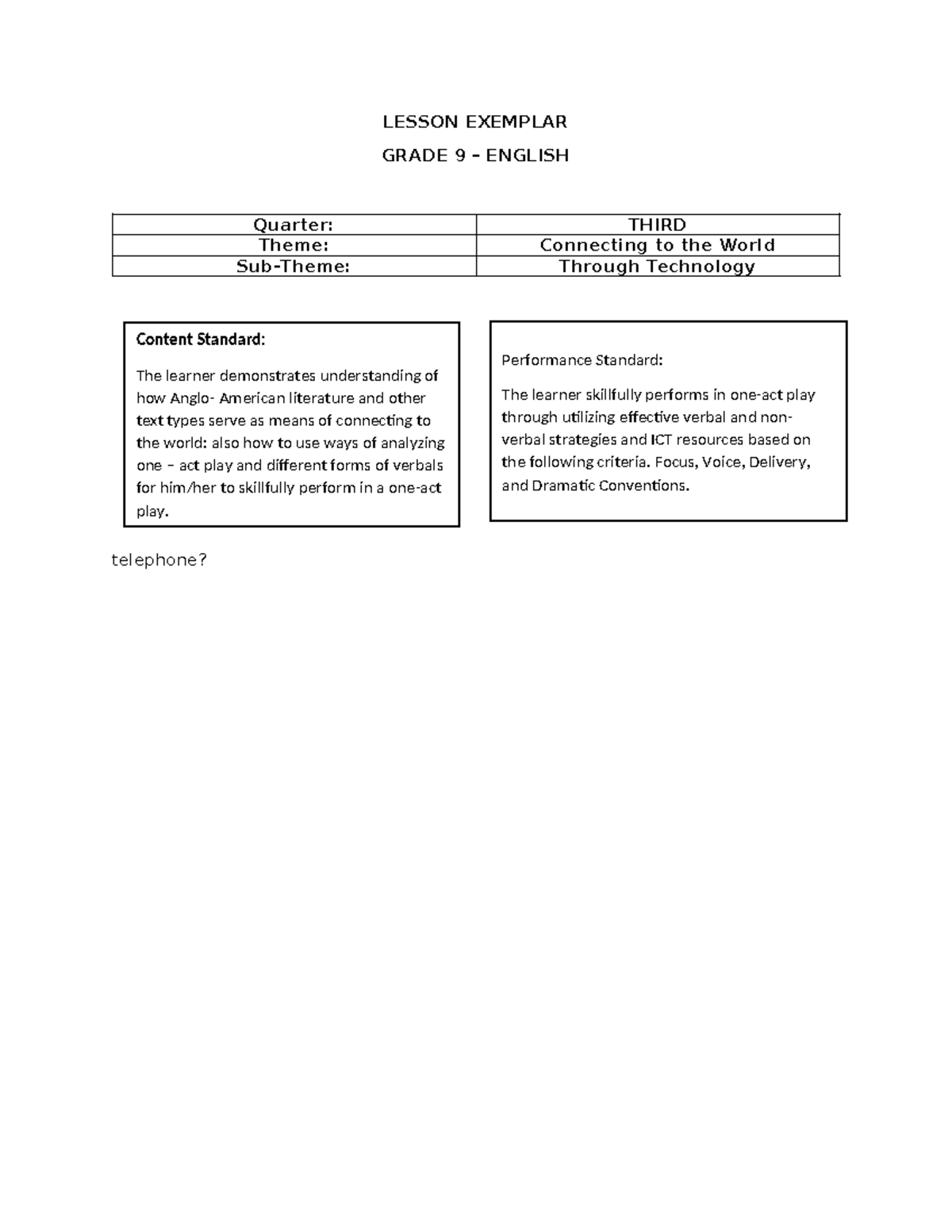 Lesson Exemplar - LESSON EXEMPLAR GRADE 9 – ENGLISH Quarter: THIRD ...