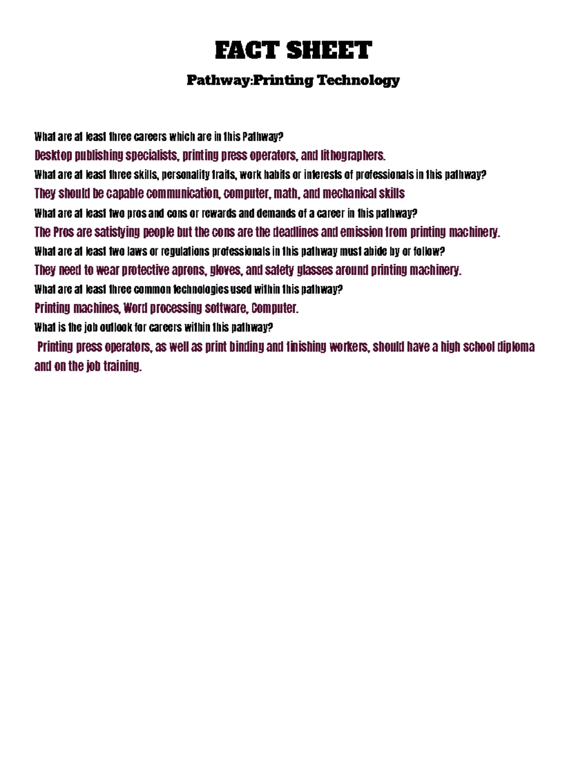 Printing Tech Pathway Careers & Skills - FACT Sheet 3 Overview - Studocu