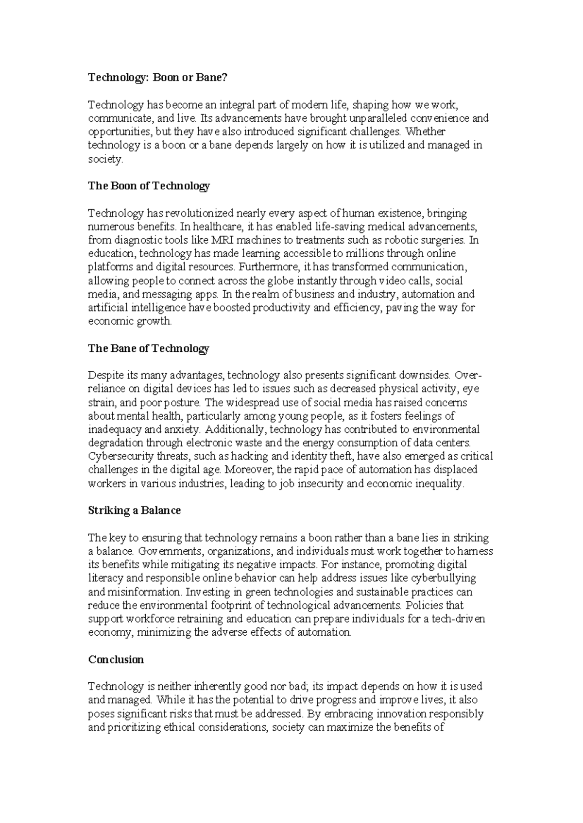 Tech's Dual Nature: Boon or Bane? - Climate Change Essay - Studocu