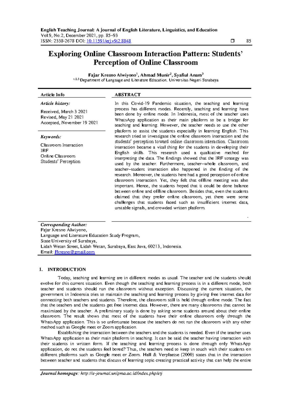 Exploring Online Classroom Interaction Patterns: Student Perceptions ...