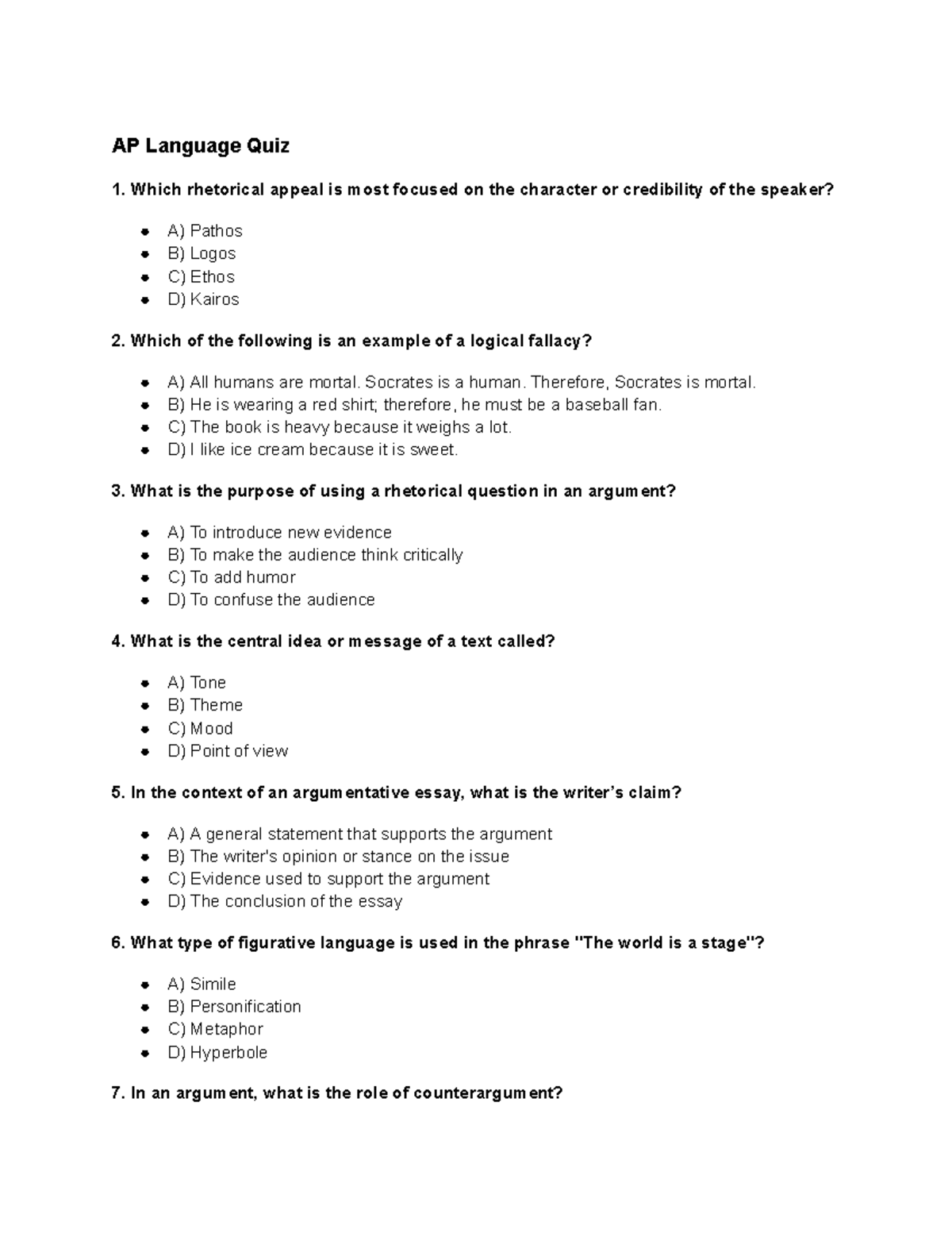 AP Language Quiz - lang quiz - AP Language Quiz 1. Which rhetorical ...
