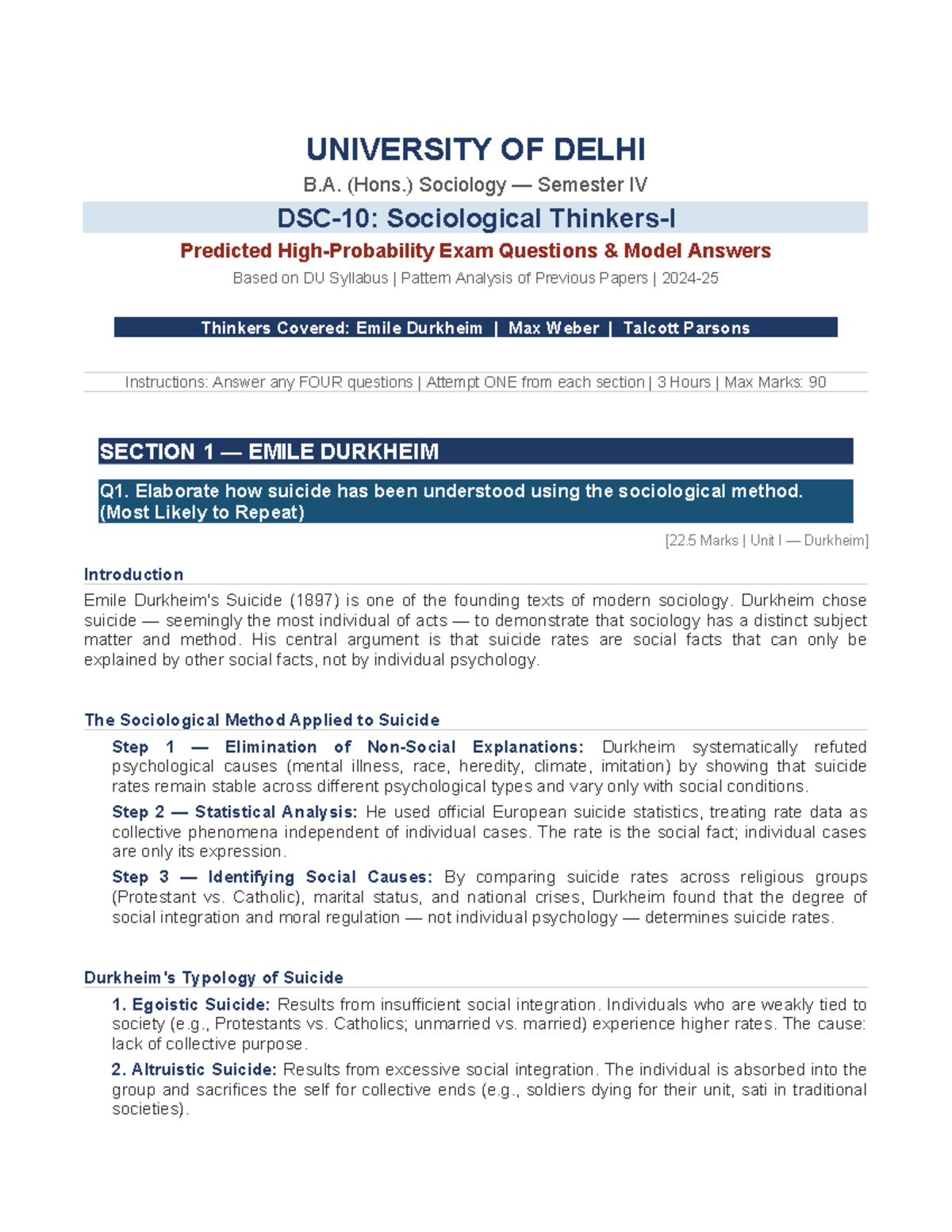 DU B.A. (Hons.) Sociology Sem IV: Sociological Thinkers Exam Prep Guide ...