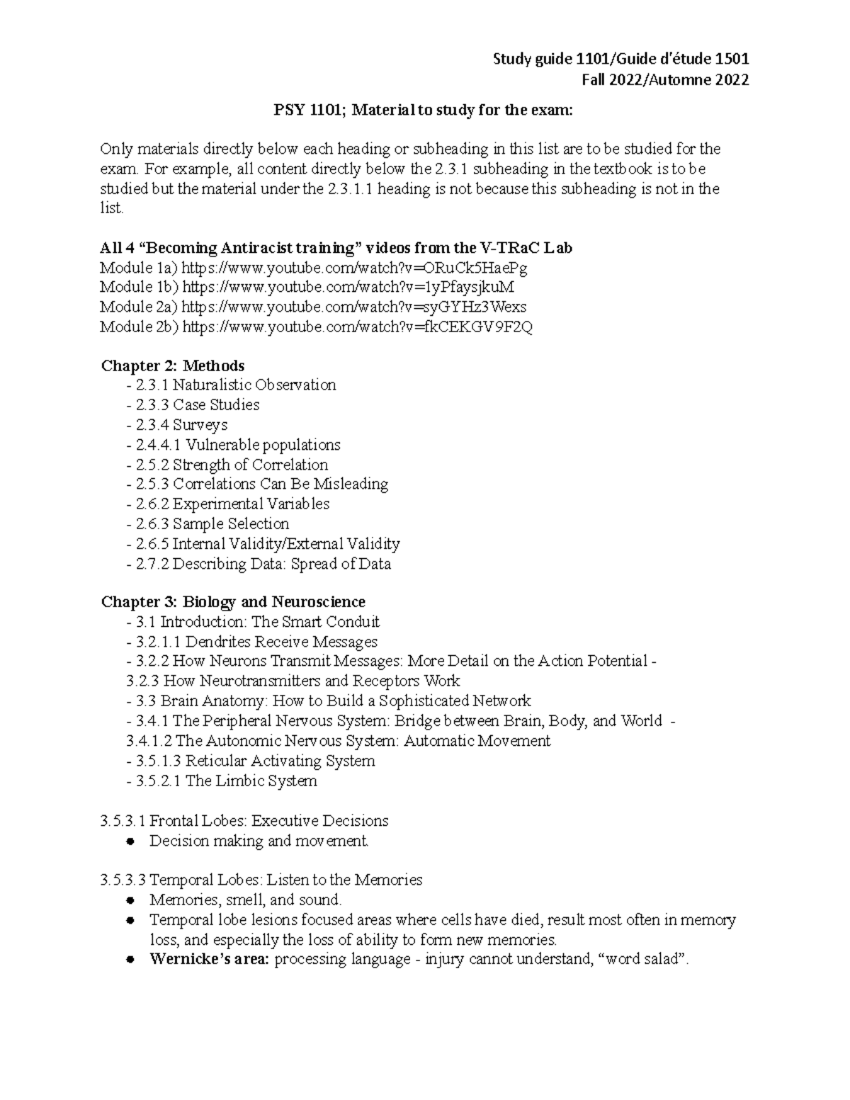 Study Guide (incomplete summary) - Study guide 1101/Guide d’étude 1501 ...
