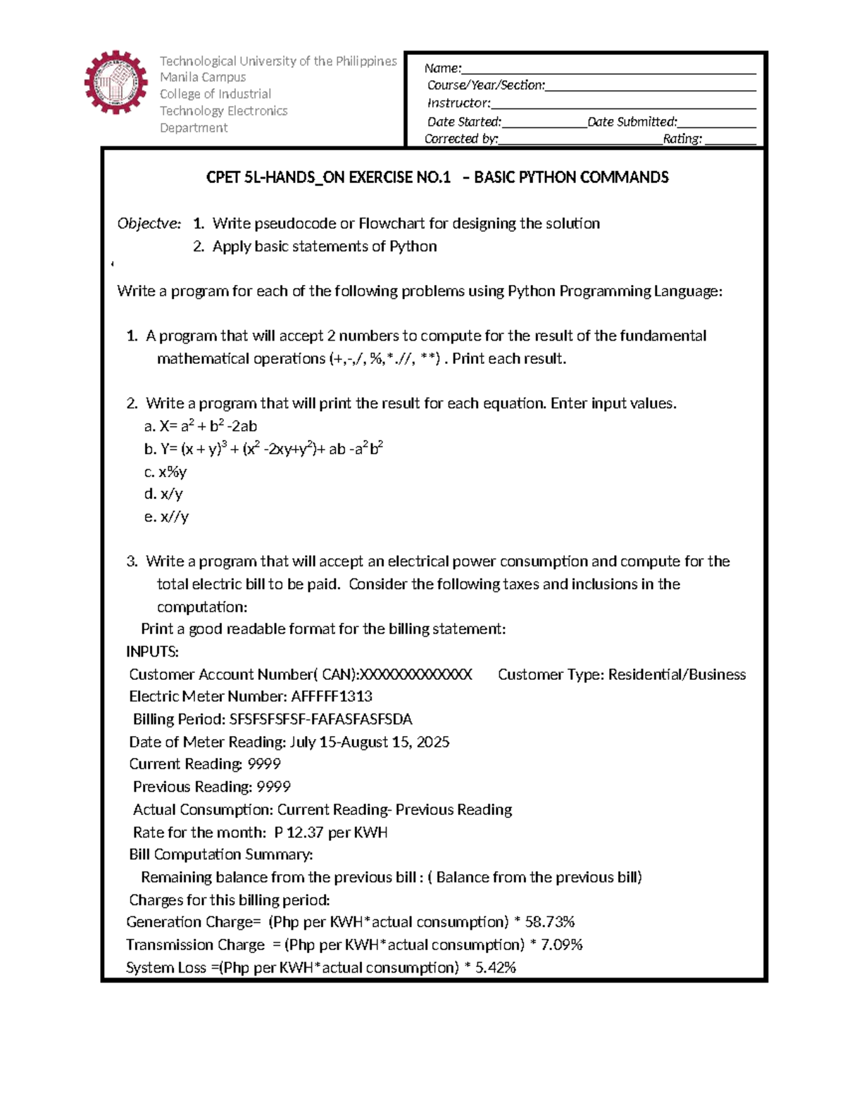 CPET 5L Hands-On Exercise: Basic Python Commands and Programs - Studocu