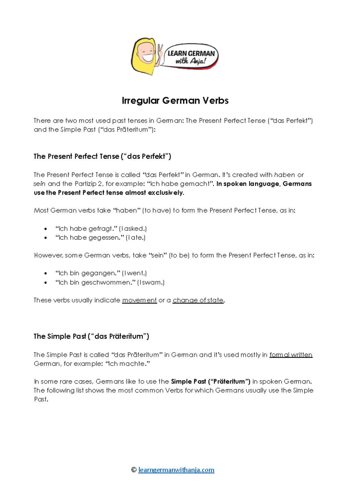 Important Irregular German Verbs: Present Perfect & Simple Past - Studocu