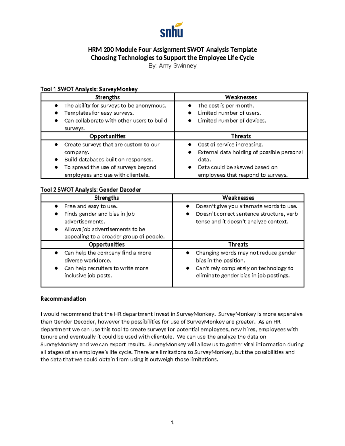 HRM 200 Module Four SWOT Analysis on Employee Lifecycle Tech - Studocu