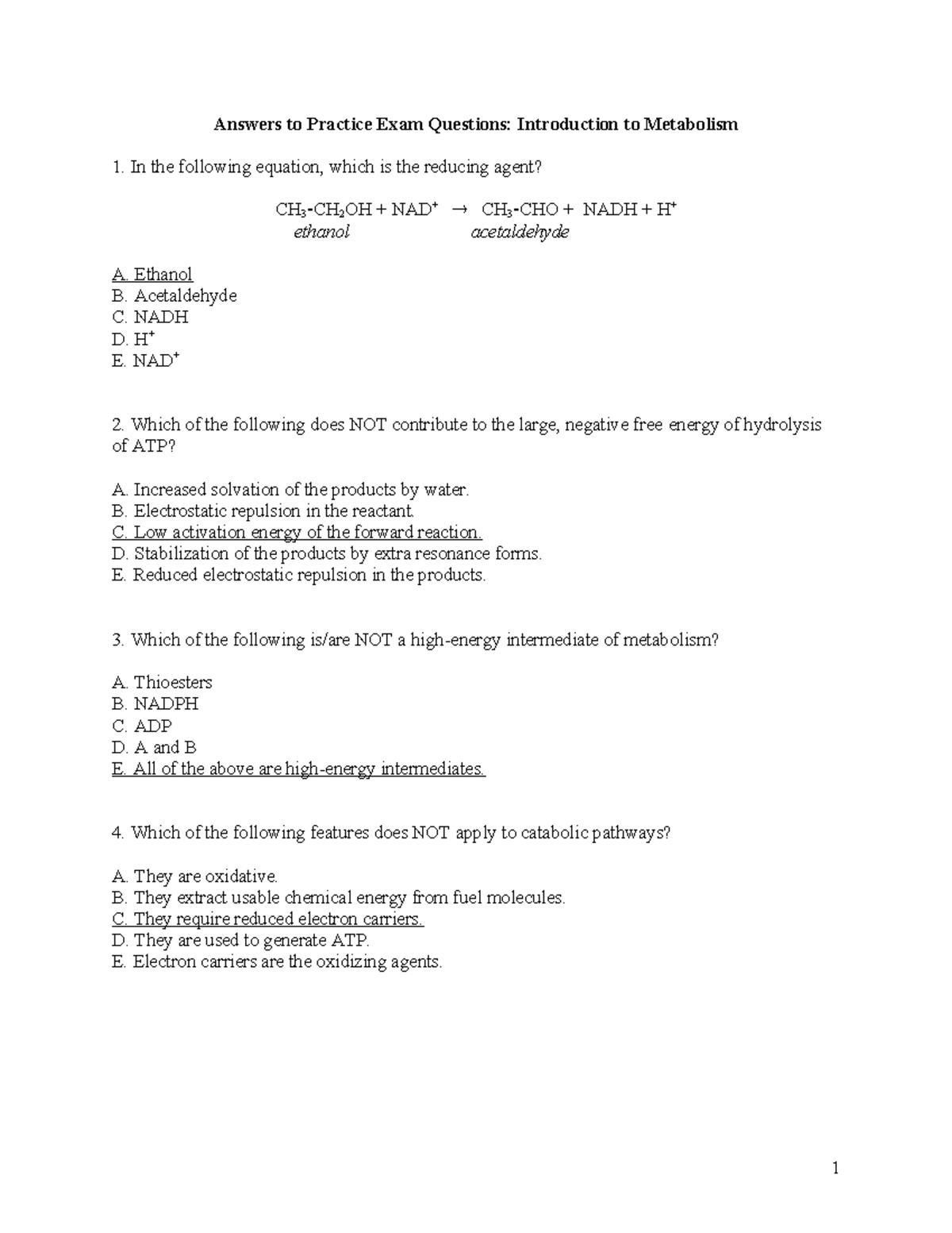 Intro to Metabolism: Practice Exam MCQ Answers (Final Exam) - Studocu