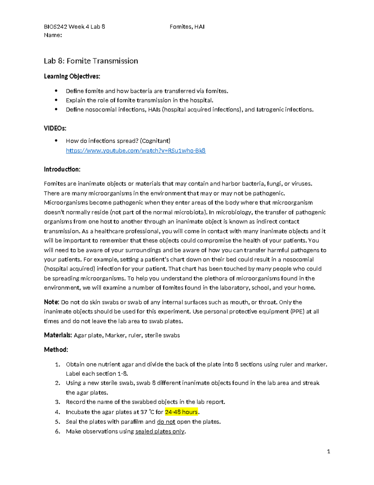 WEEK 4 LAB 8 - Fomite Transmission Study and Observations - Studocu