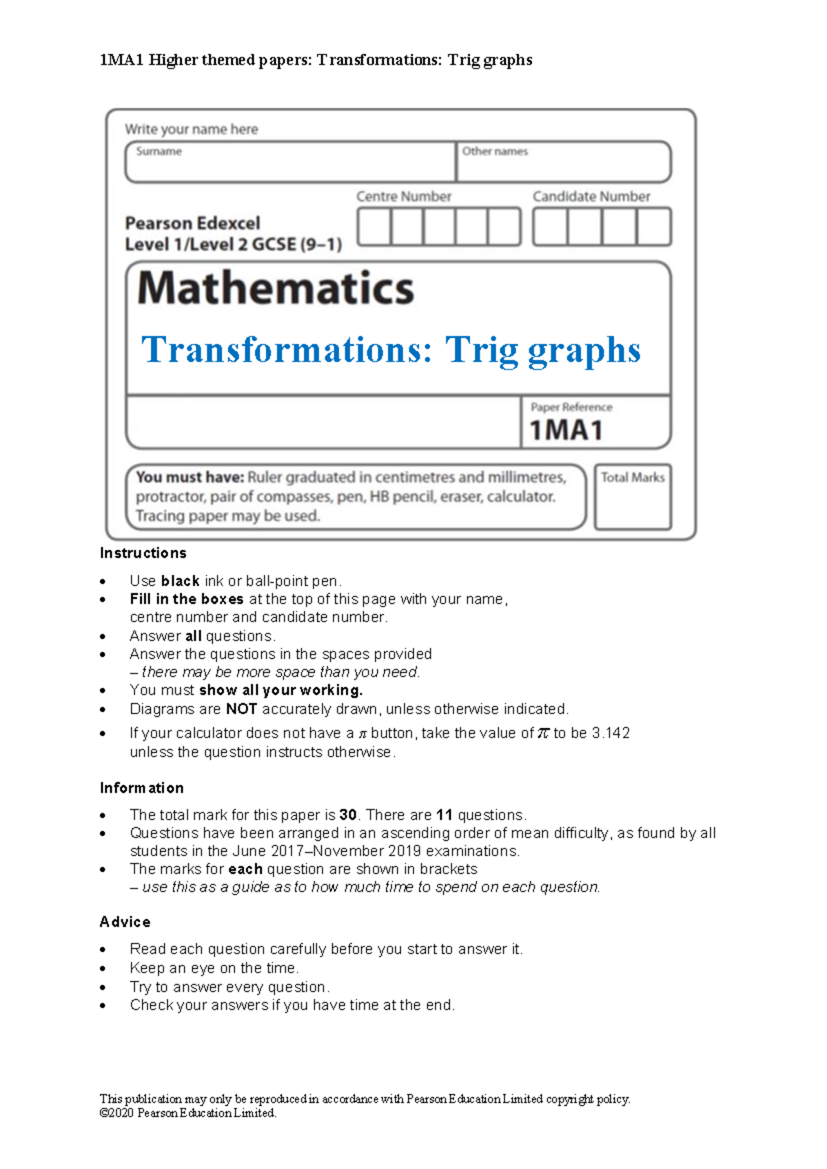 1MA1 Higher Transformations: Trig Graphs Question Paper - Studocu